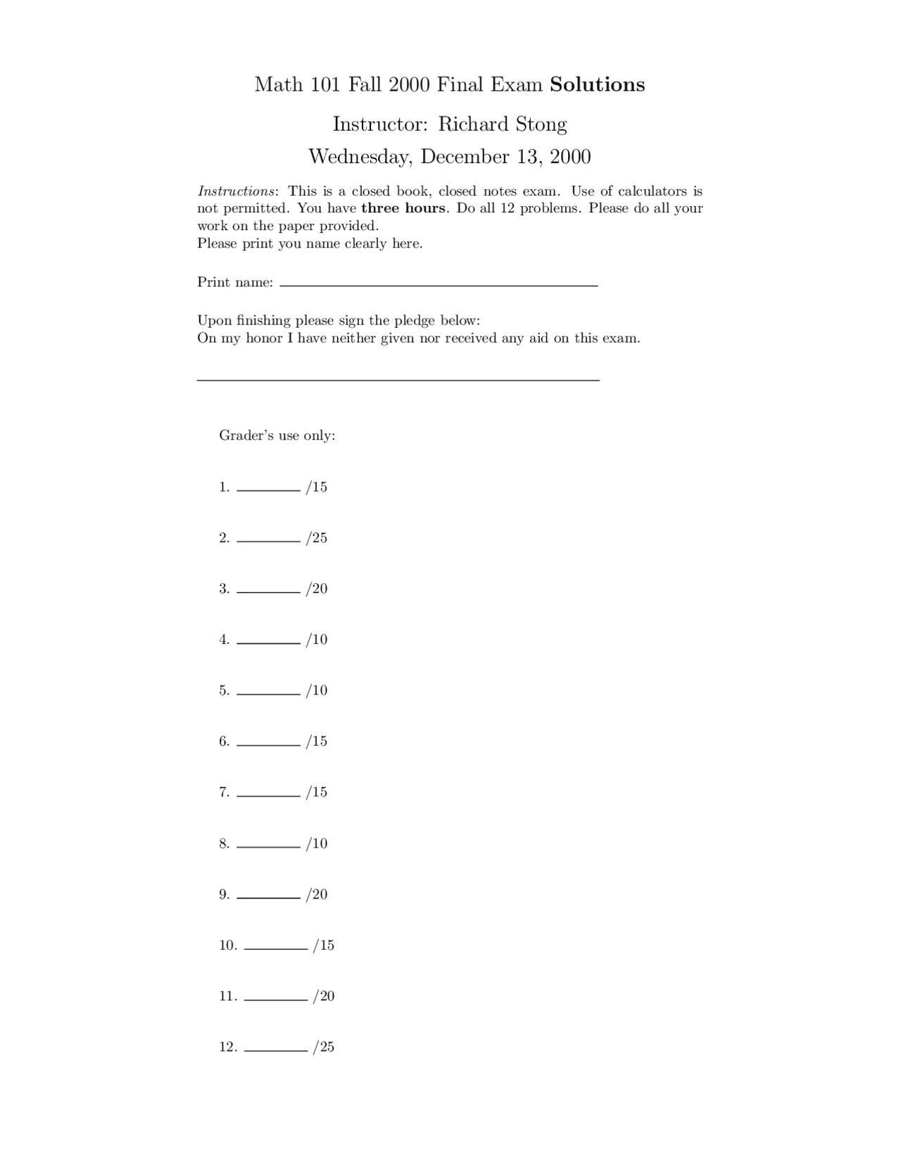 Final Exam Answers Single Variable Calculus I Math 101 Docsity