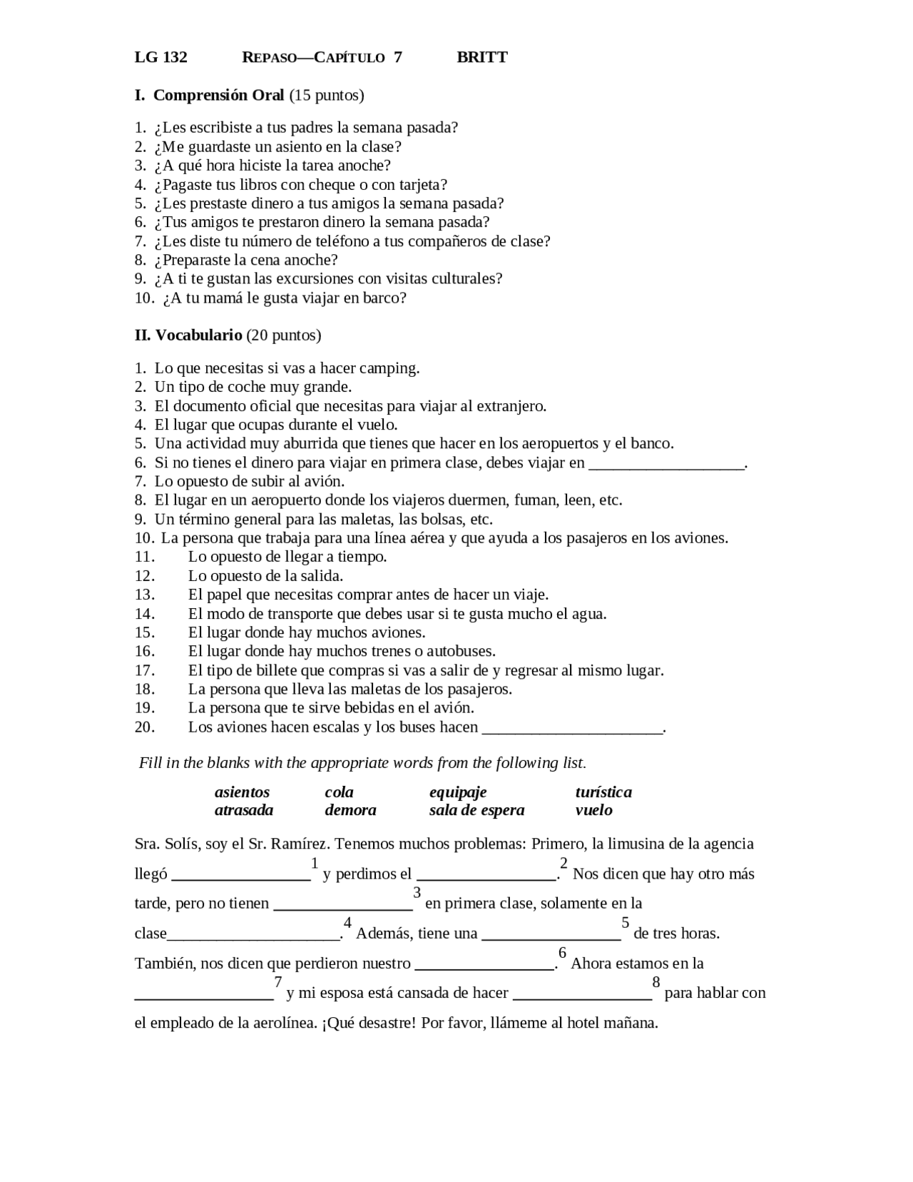 Repaso - Introductory Spanish II - Review Sheet | LG 132 - Docsity