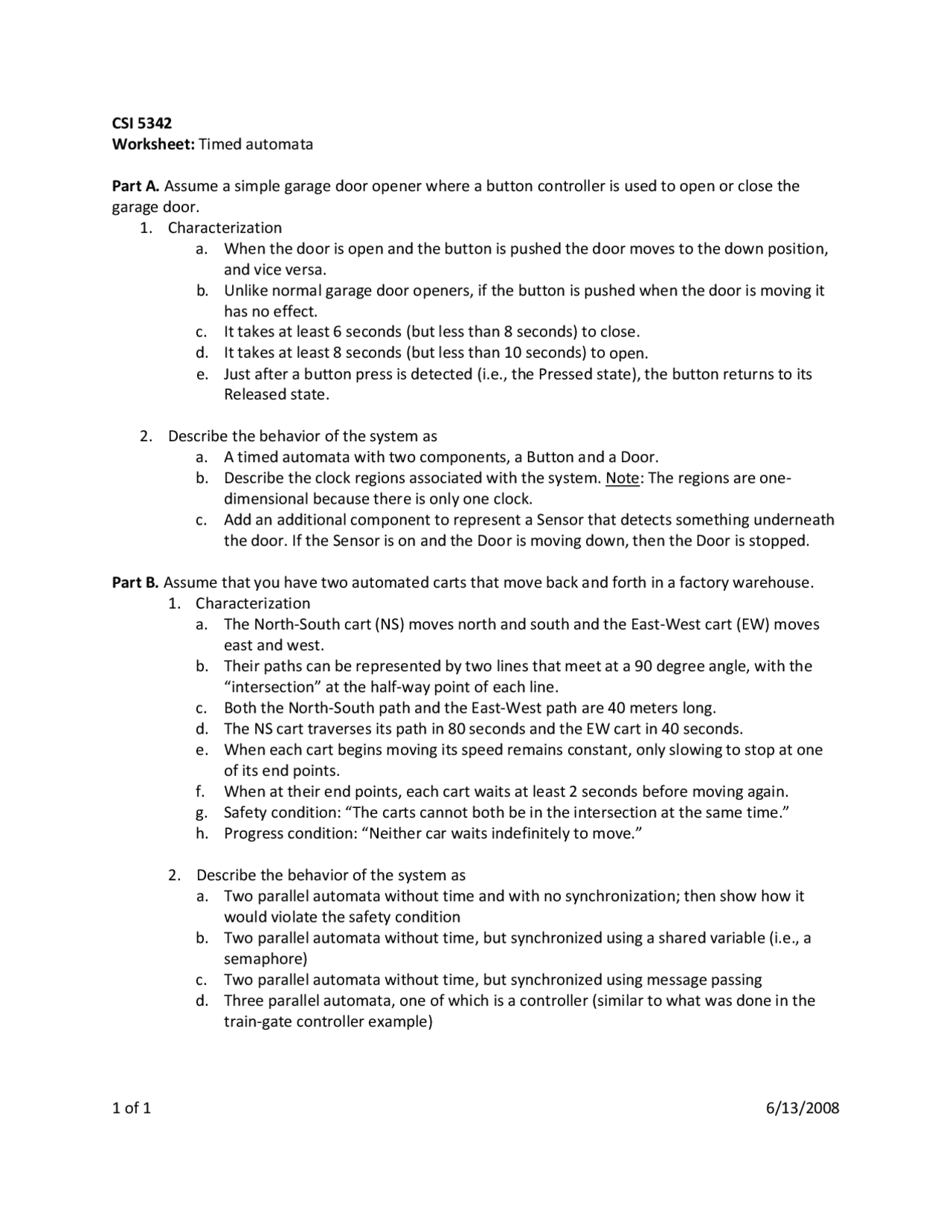Worksheet Timed Automata Formal Specifications Csi 5342 Docsity