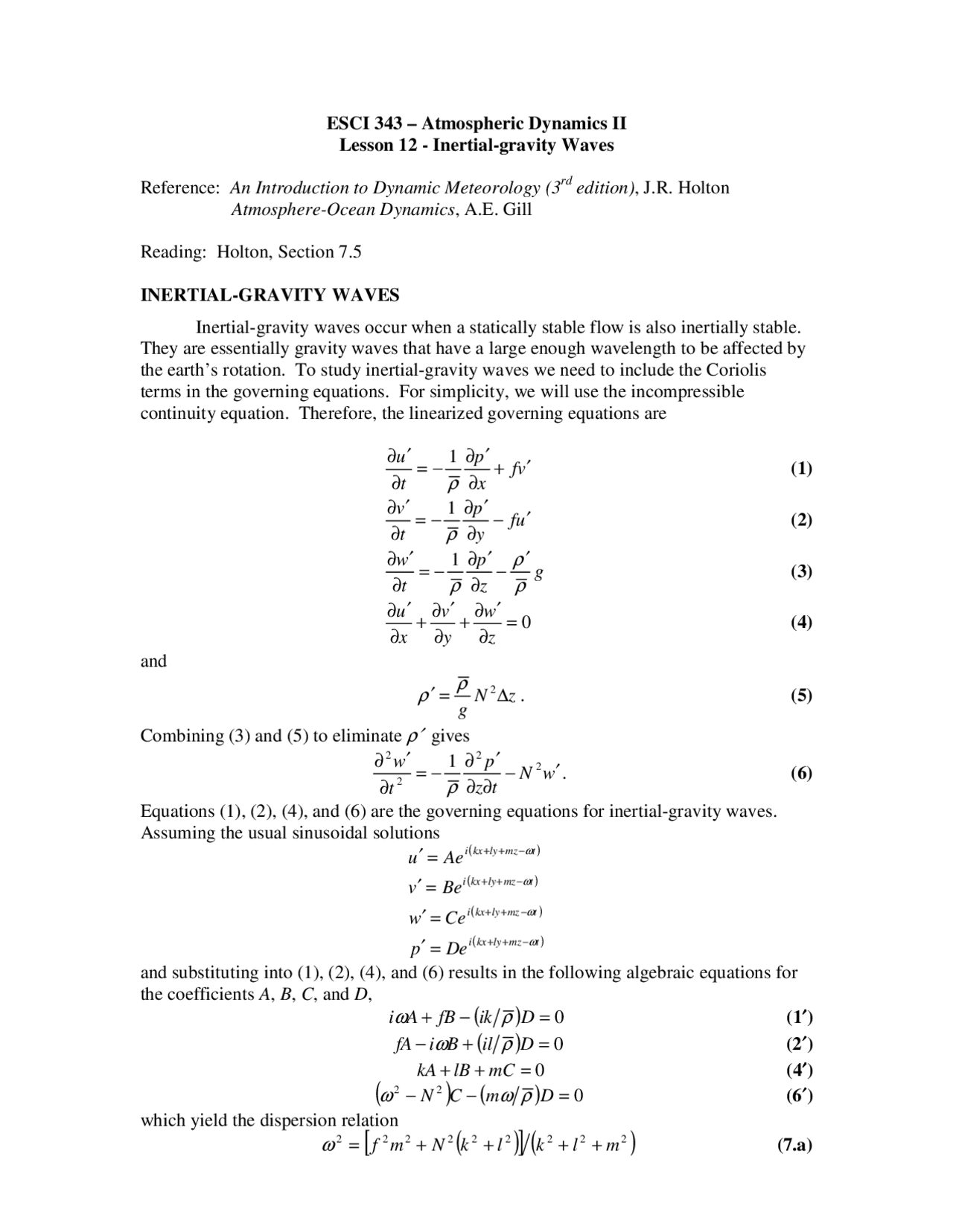 Inertial Gravity Waves Atmospheric Dynamics 2 Esci 343 Docsity