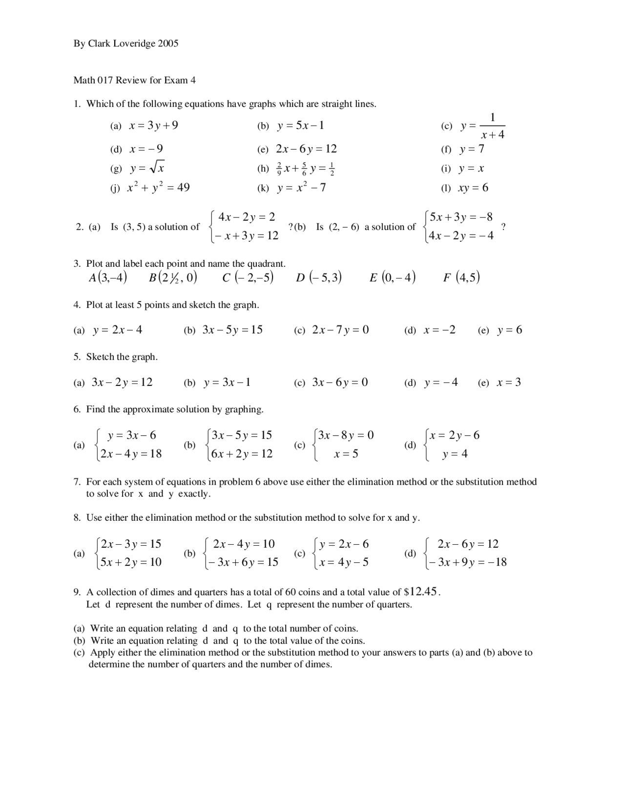 Review Questions for Exam 4 - Elementary Algebra | MATH 017 - Docsity