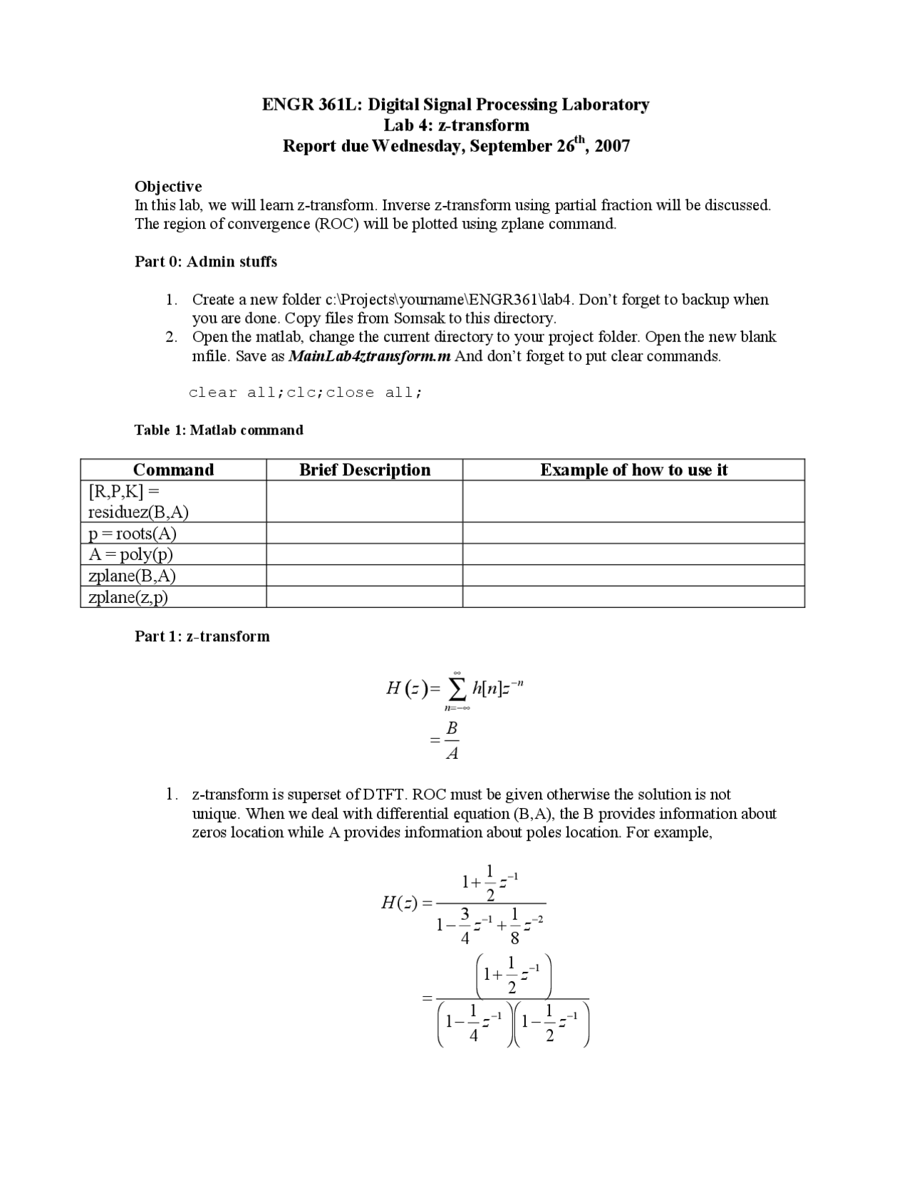 Z Transform Digital Signal Processing Lab 4 Engr 361 Docsity