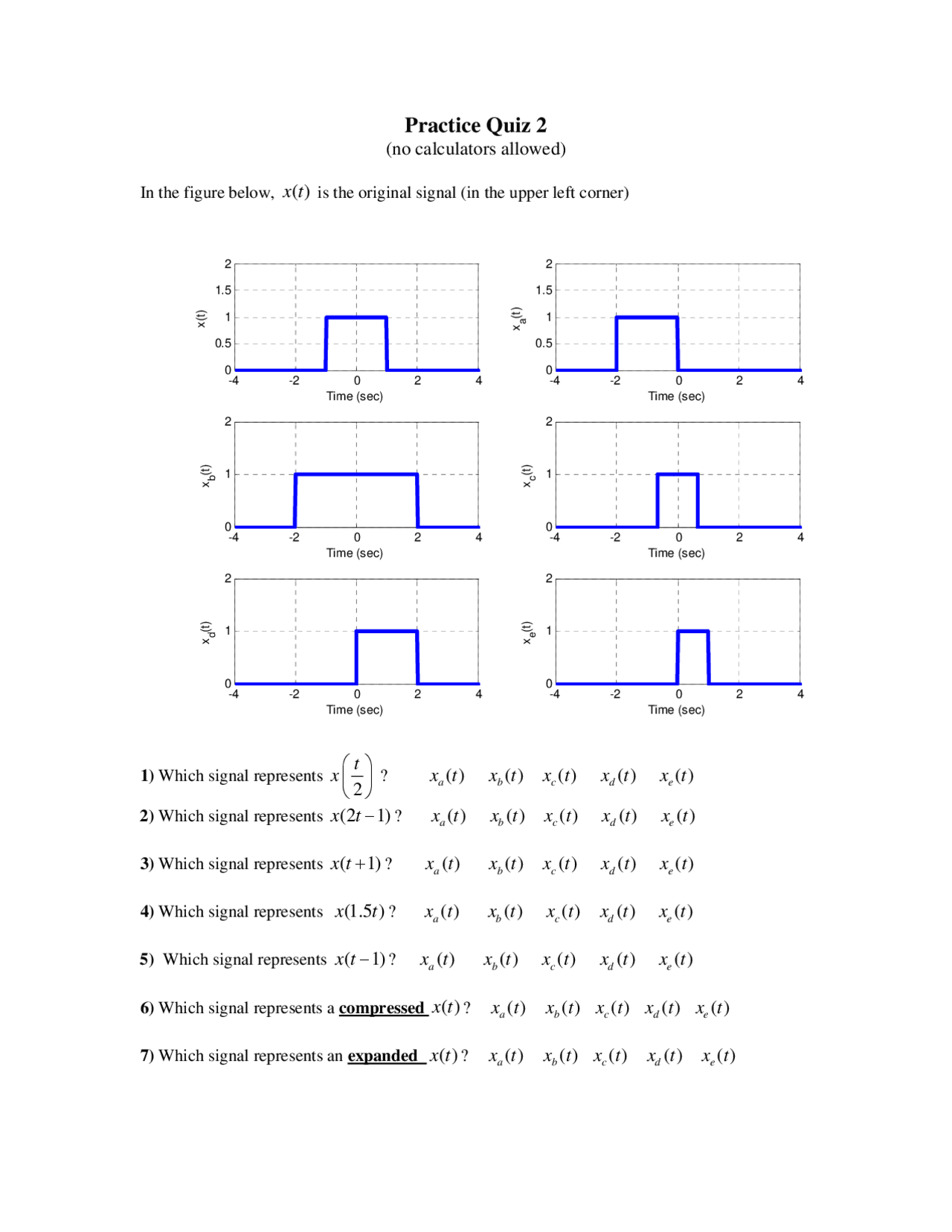 Practice Quiz 2 Problems On Signals And Systems Ece 300 Docsity