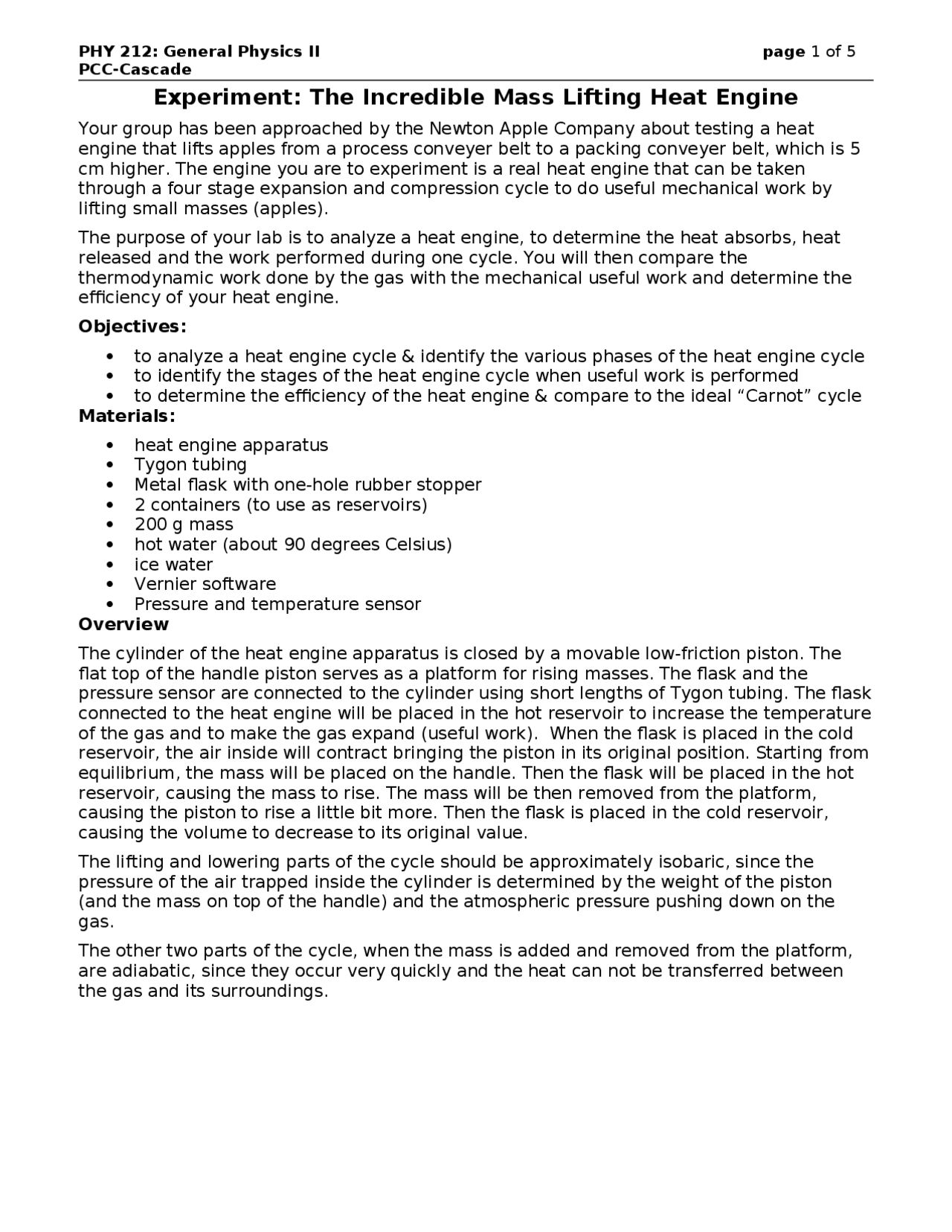 Incredible Mass lifting and the Heat Engine | PHY 212 - Docsity