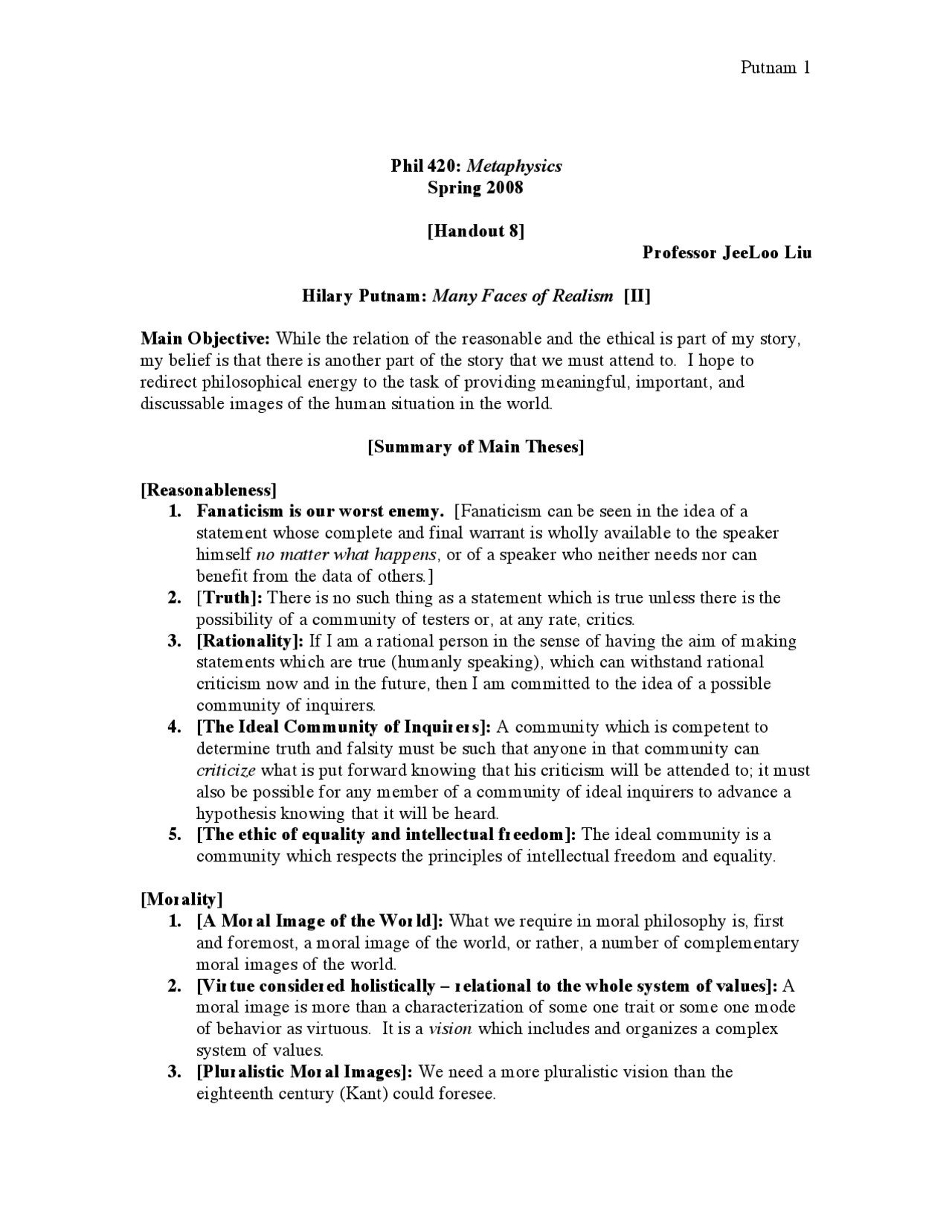 Many Faces of Realism - Metaphysics - Handout | PHIL 420 - Docsity