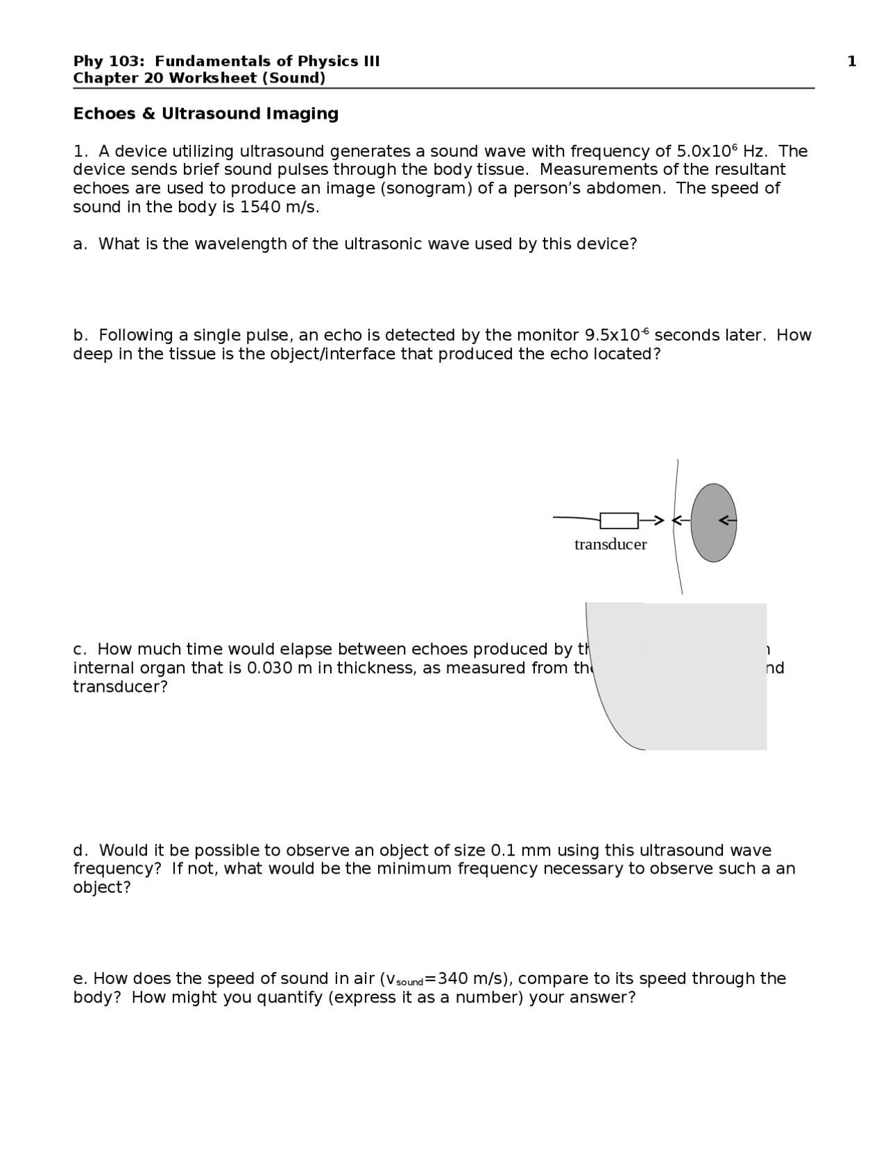 Sound Worksheet Fundamentals Of Physics Iii Phy 103 Docsity