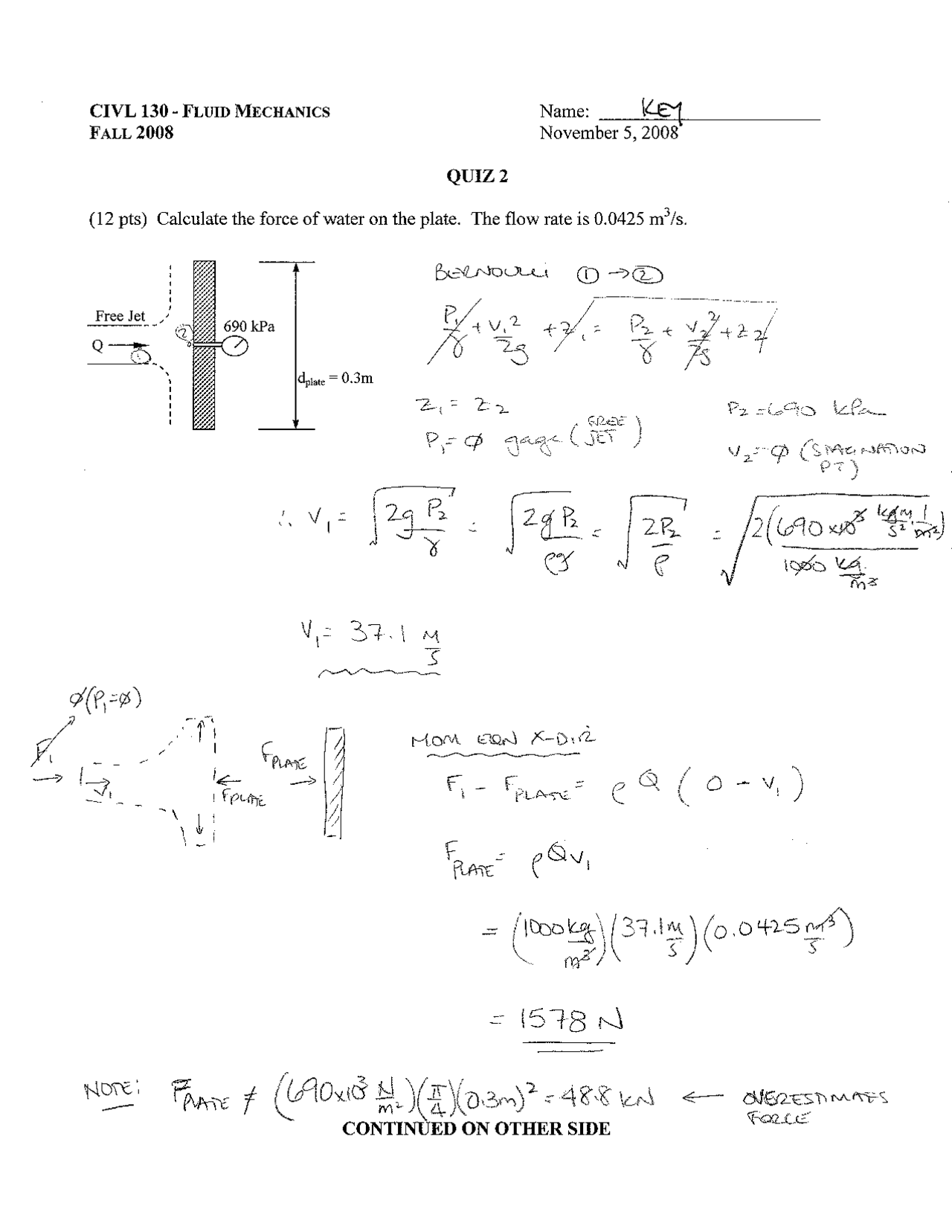 2 Solved Problems on Fluid Mechanics I in Quiz 2 | CIVL 130 - Docsity