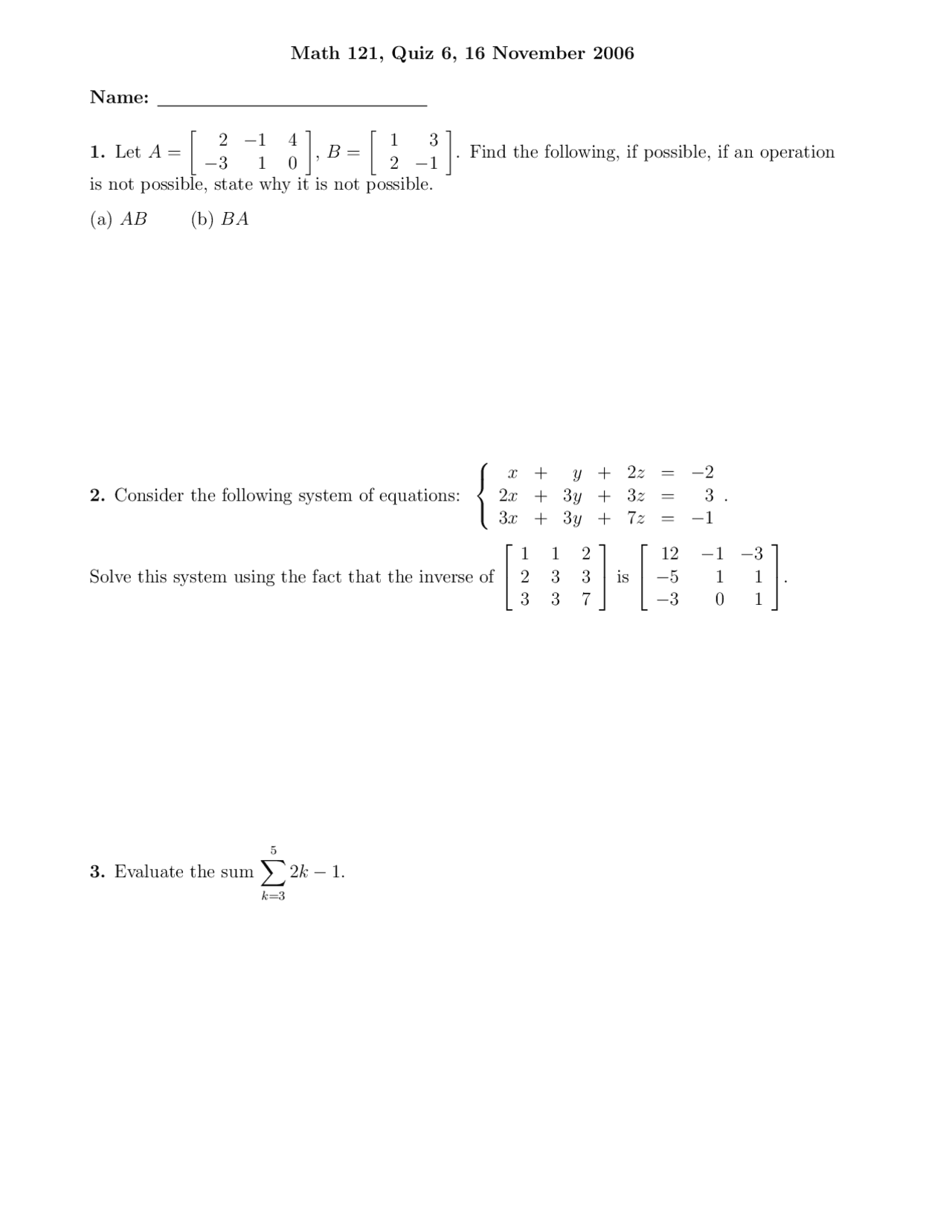 Three Questions on College Algebra - Quiz 6 | MATH 121 | Quizzes ...
