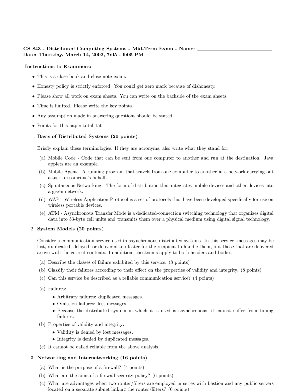Midterm Exam Distributed Computing Systems Cs 843 Docsity