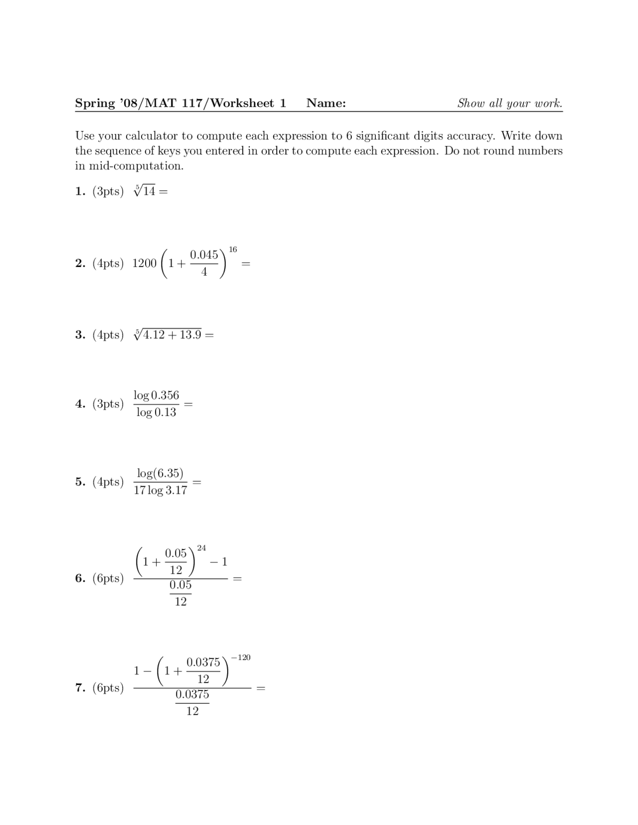 Worksheet 1 Questions Mathematical Concepts Spring 2008 Mat 117