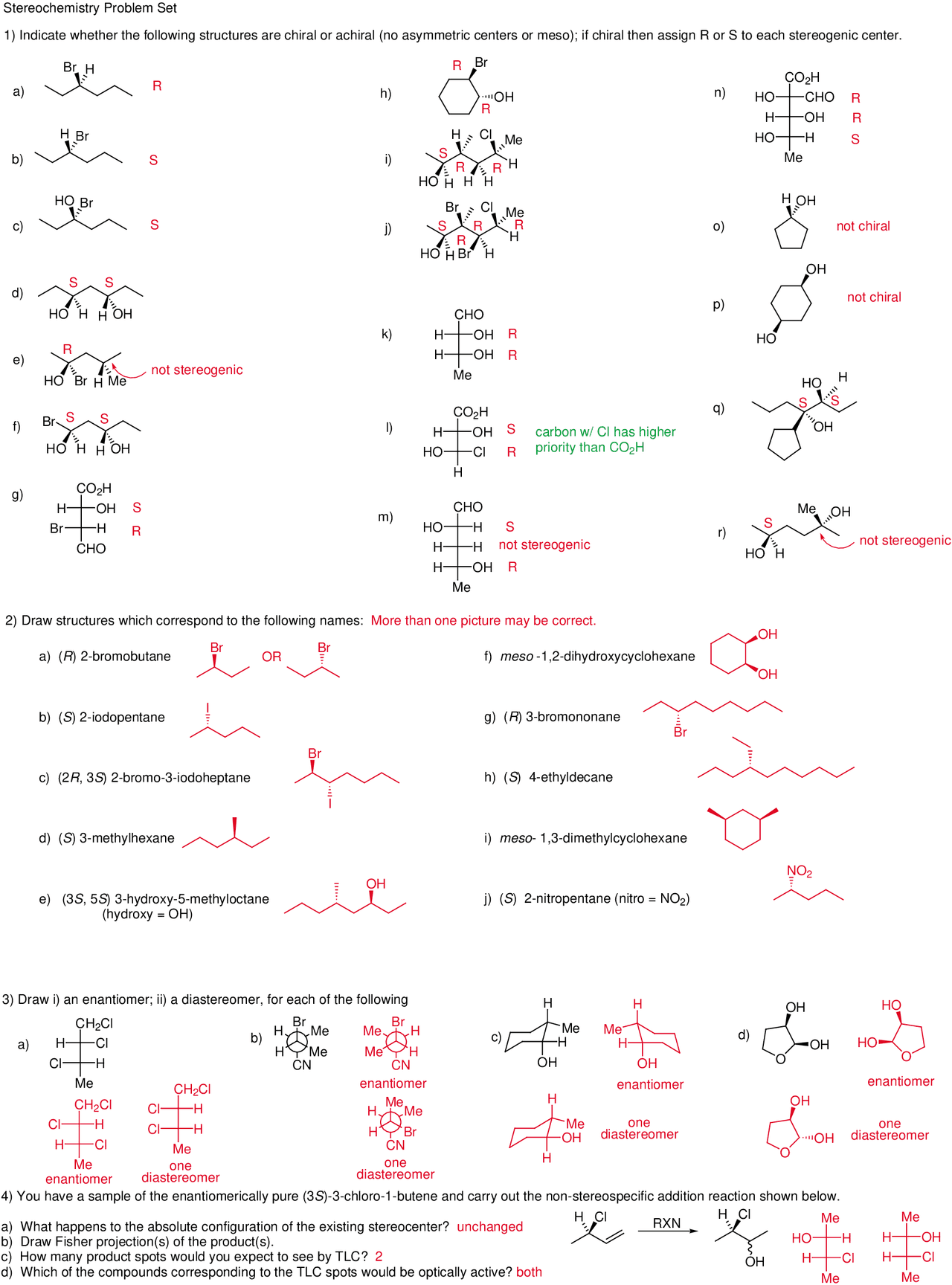Stereochemistry Problem Set Organic Chemistry I Chem 211 Docsity