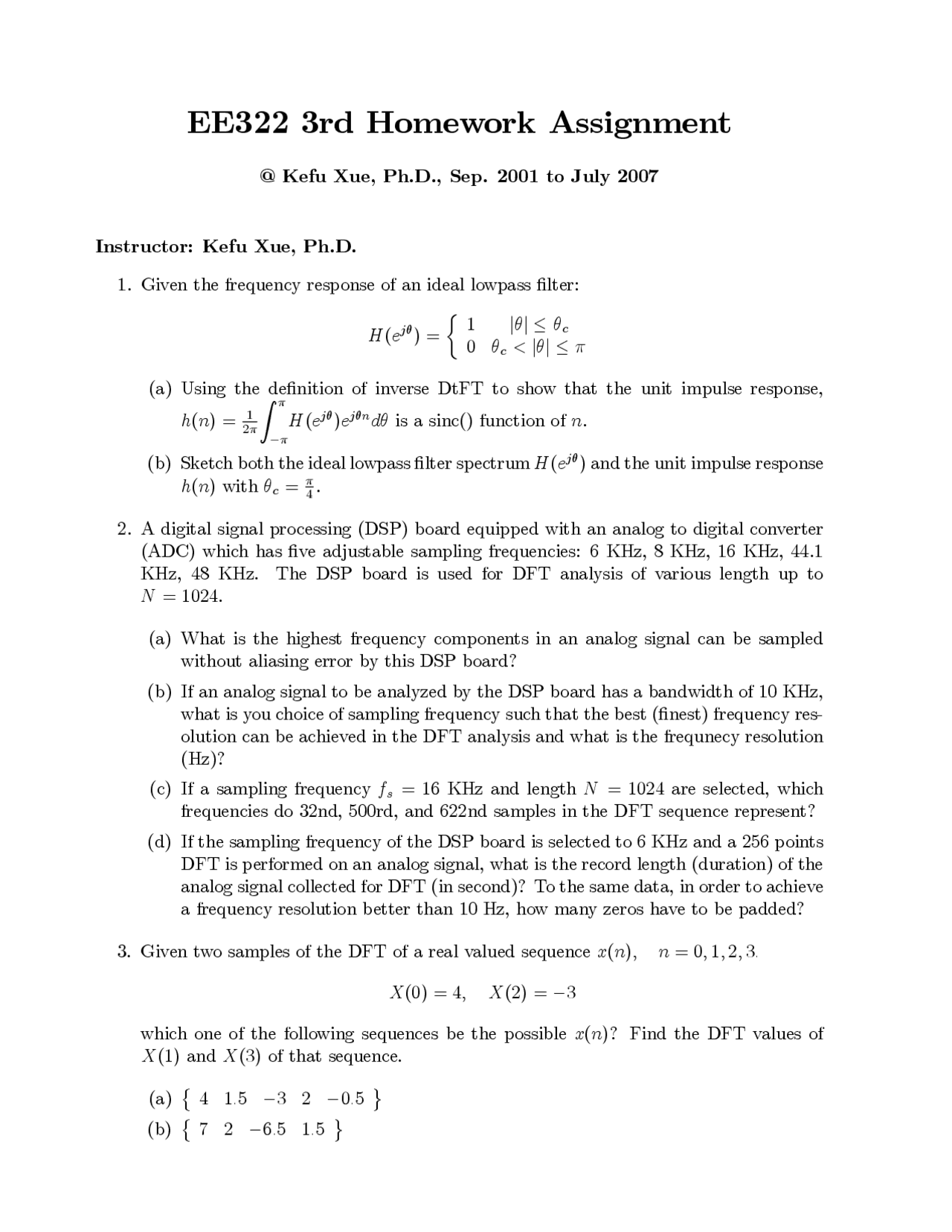 Linear Systems Ii Assignment 3 Fall 2007 Ee 322 Docsity