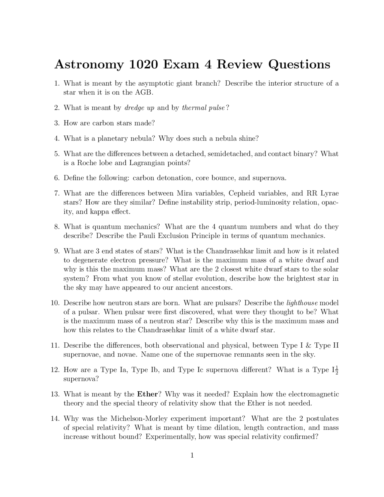 Test Iv Review Questions For Astronomy Ii Astr 1020 Docsity