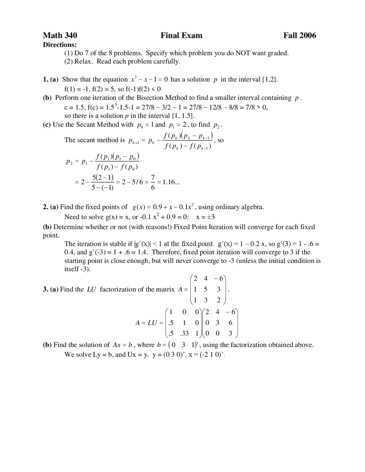 Final Exam With Solved Problems Numerical Analysis Math 340 Exams