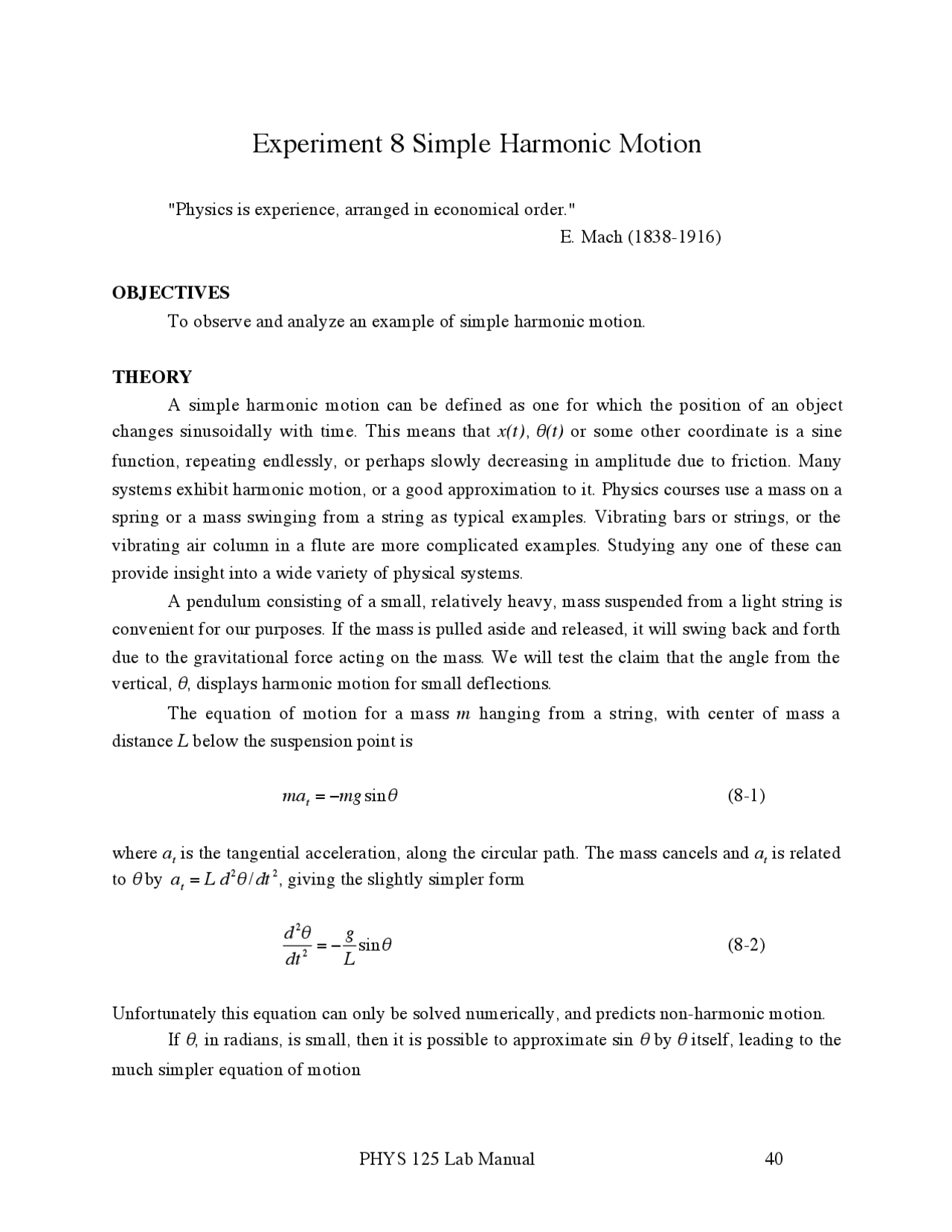 Simple Harmonic Motion – General Physics - Experiment 8 | PHYS 125 ...