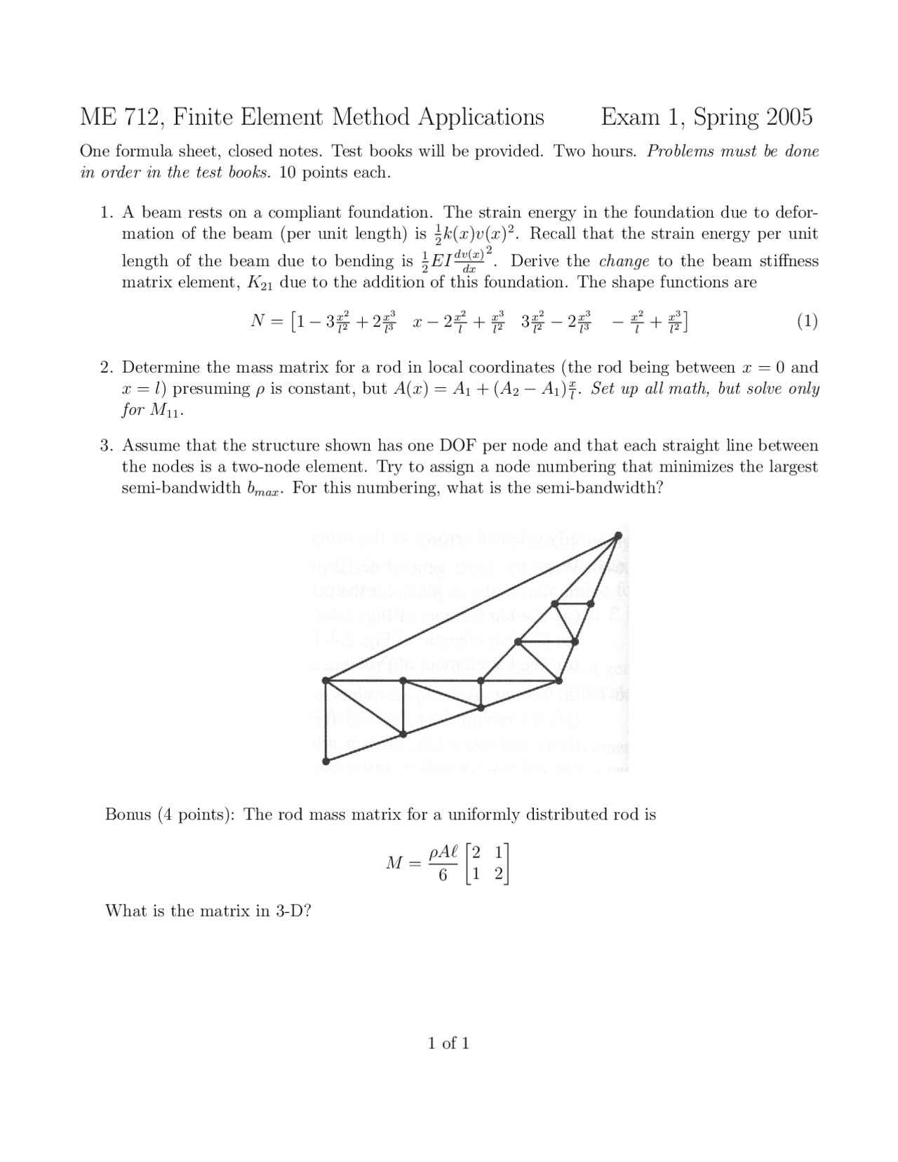 3 Problems For Exam 1 Finite Element Method Applications Me 712 Docsity