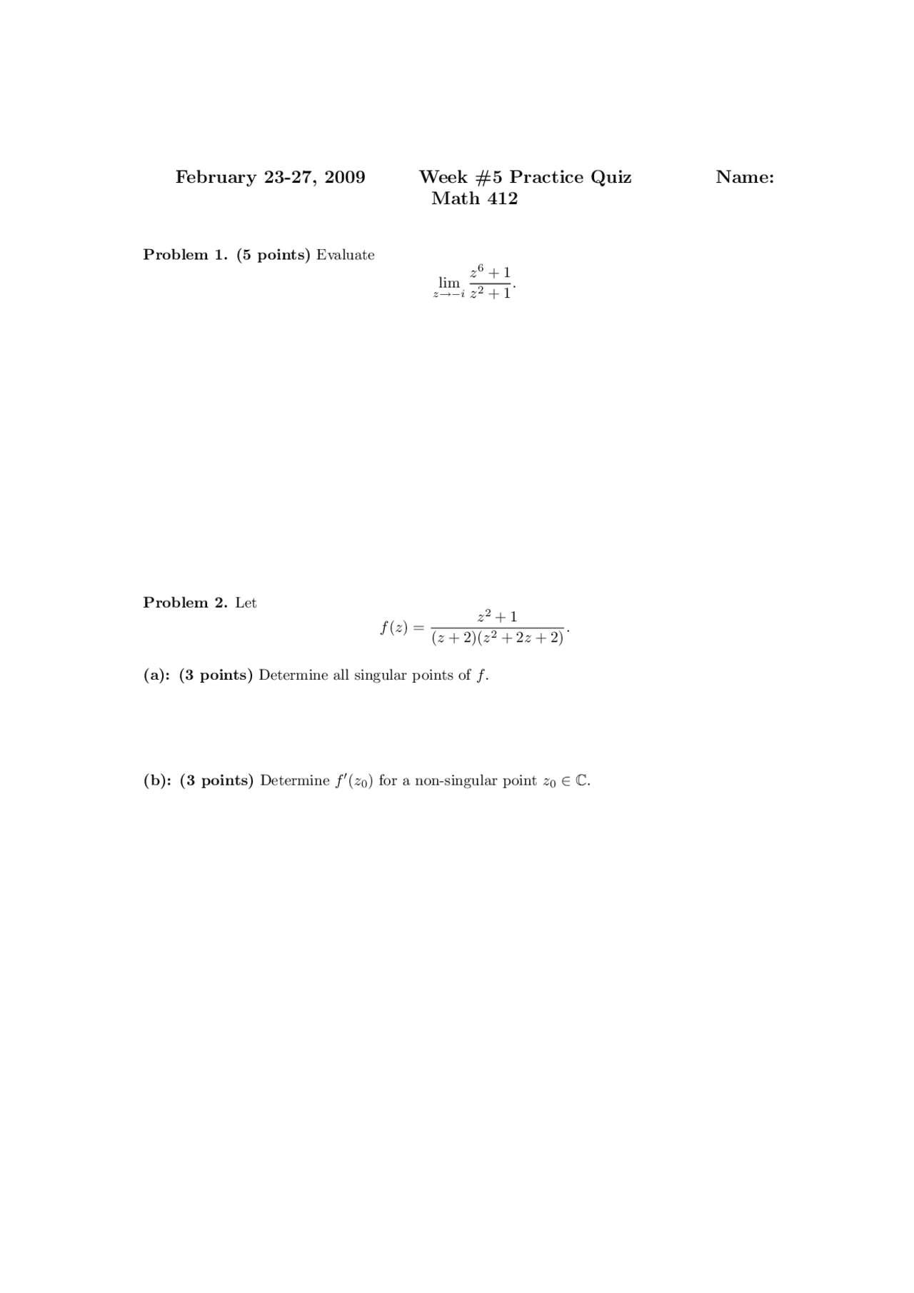 Quiz Review Questions Complex Analysis Math 412 Docsity
