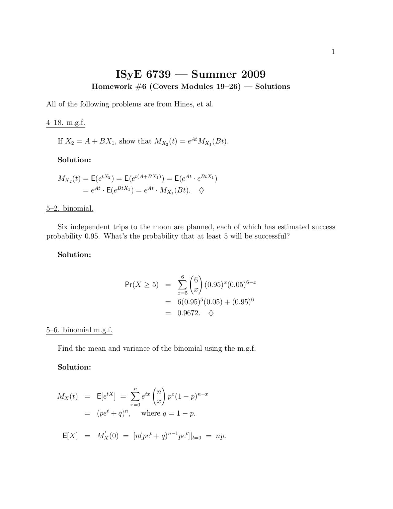 Solutions To Homework 6 Statistical Methods Isye 6739 Docsity