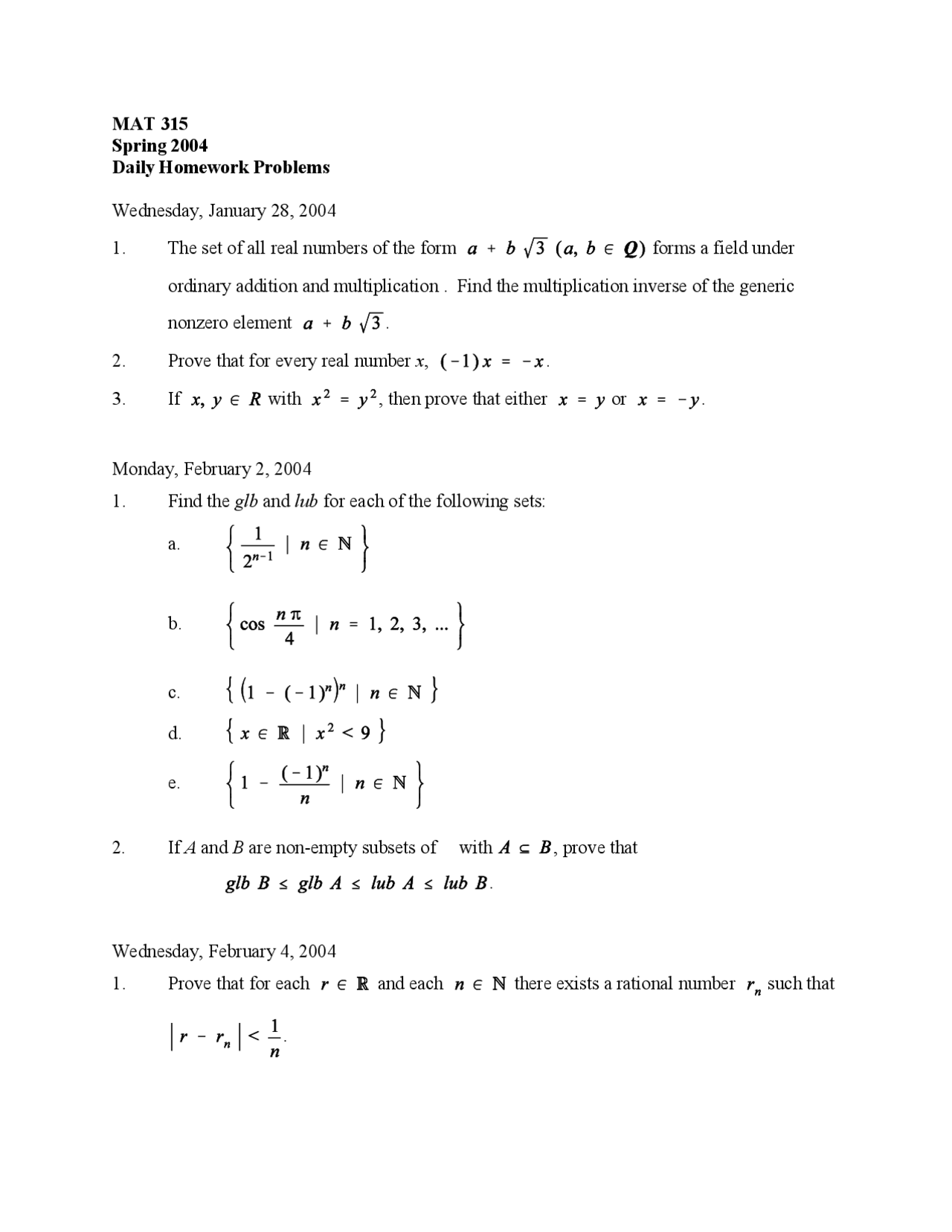 Homework Practice Problems On Introduction To Analysis Mat 315 Docsity