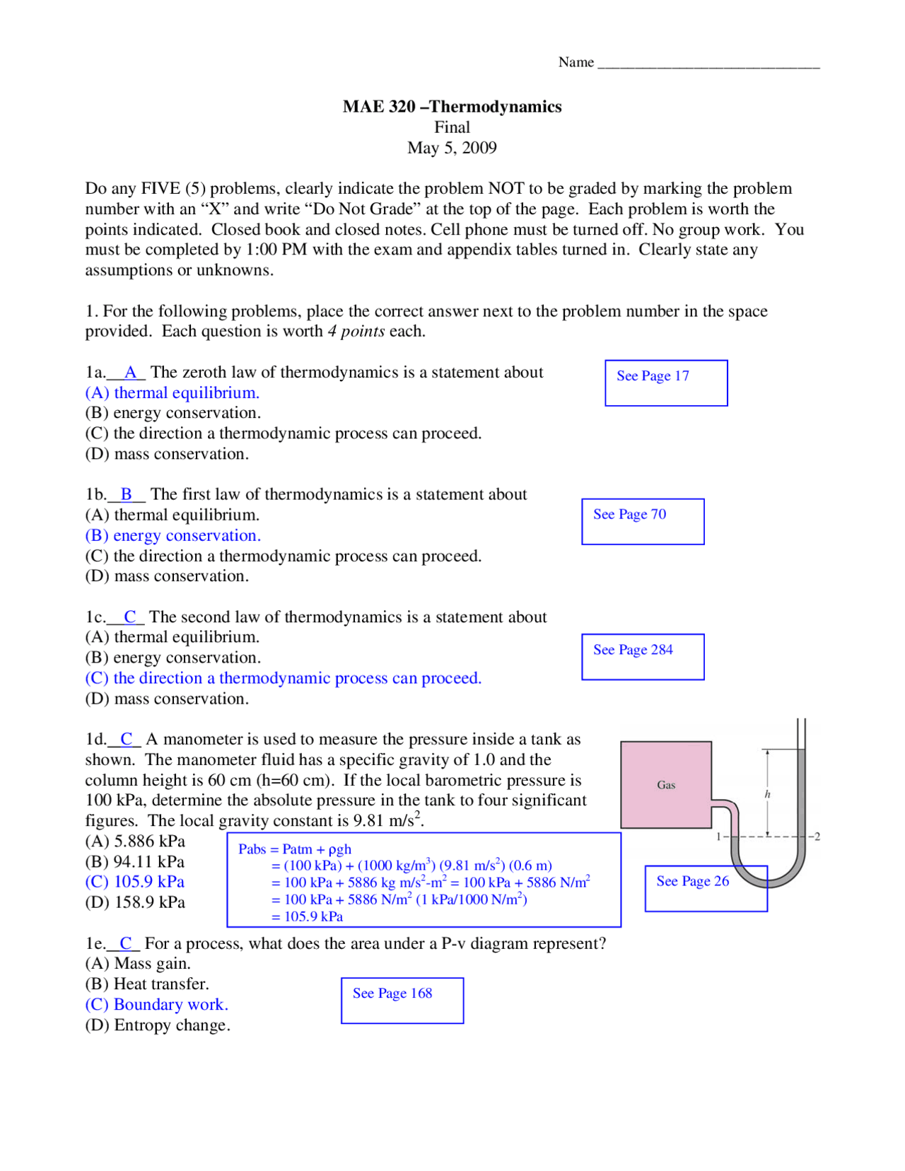 Solved Questions On Thermodynamics Final Exam Mae 320 Docsity