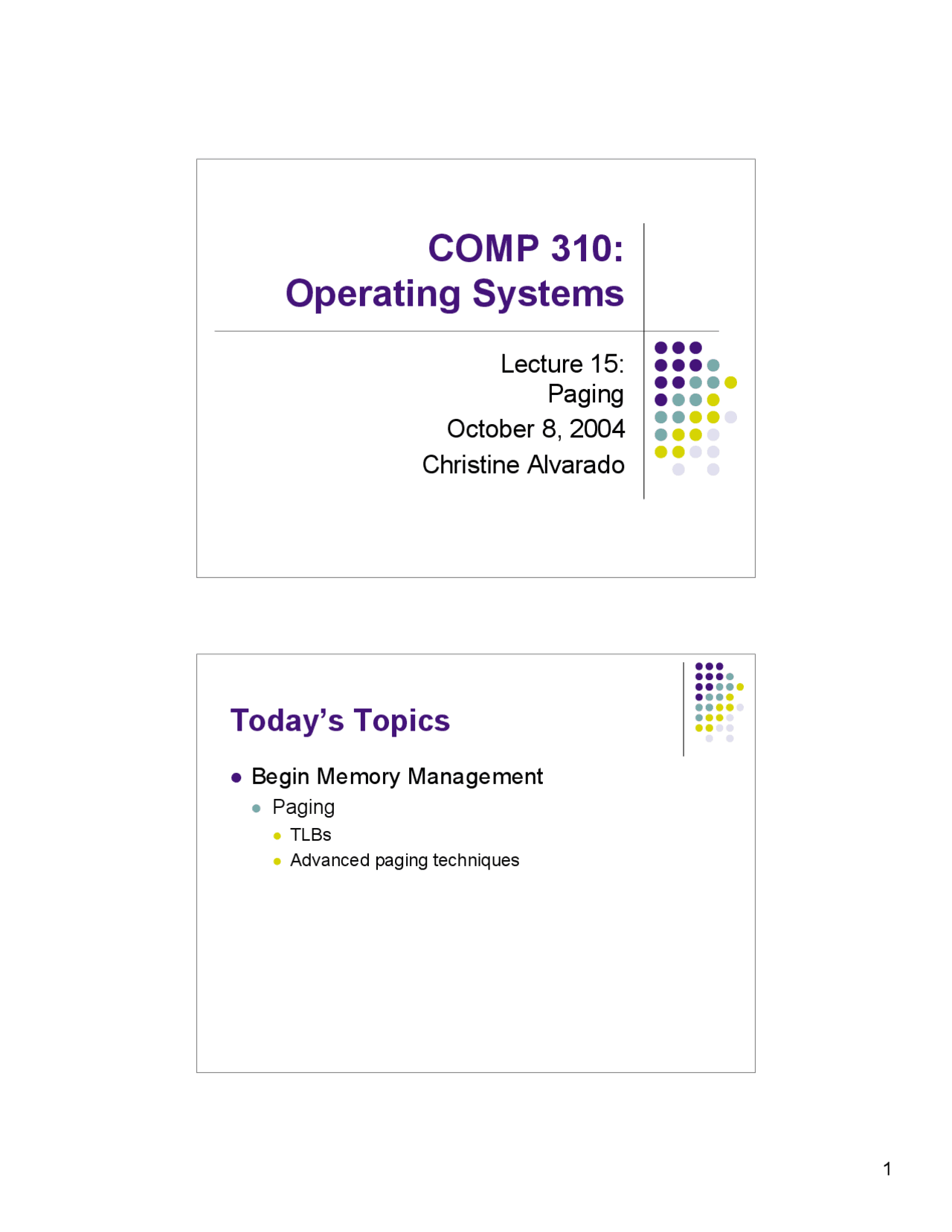 Operating Systems Begin Memory Management Lecture Slides Comp 310