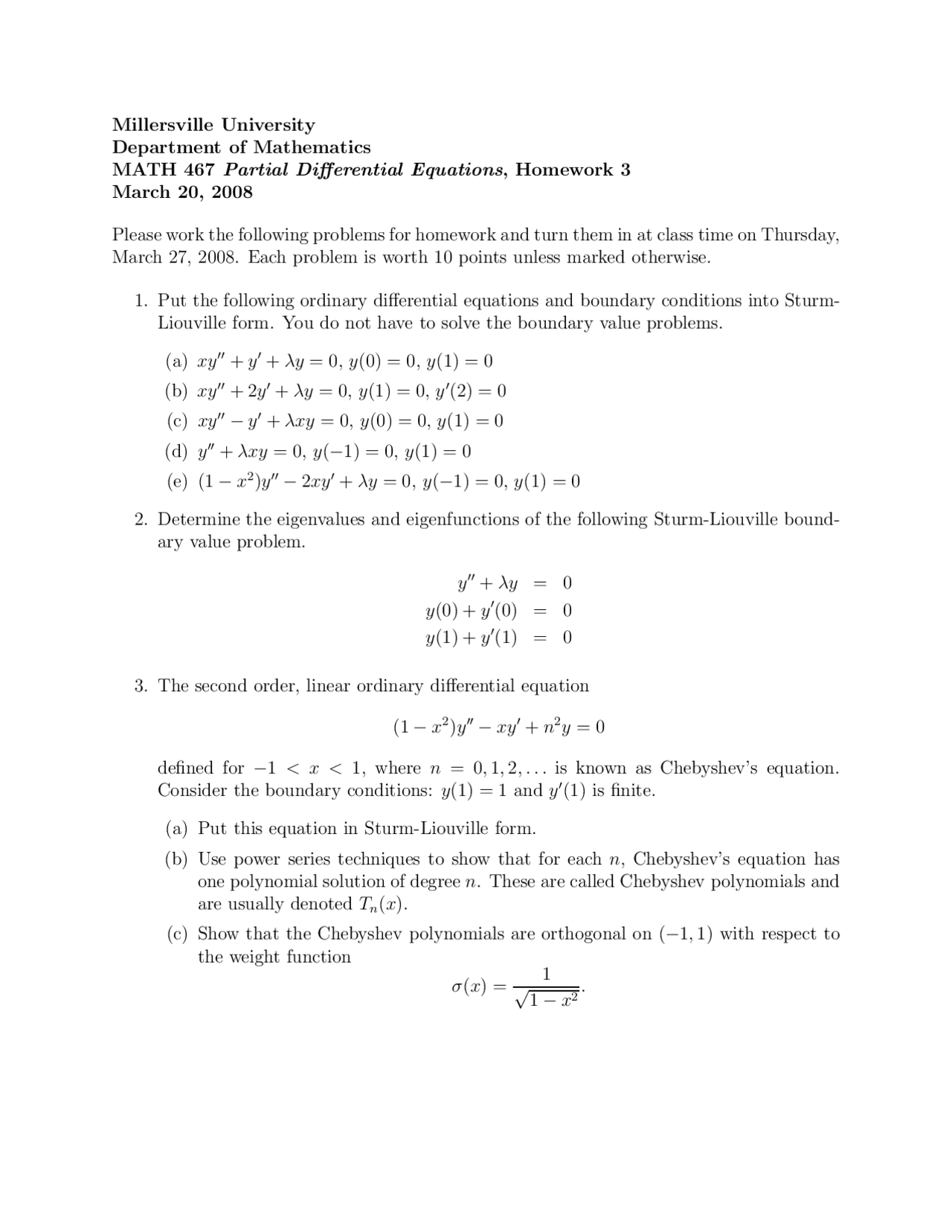 Partial Differential Equations Practice Assignment 3 Math 467 Docsity