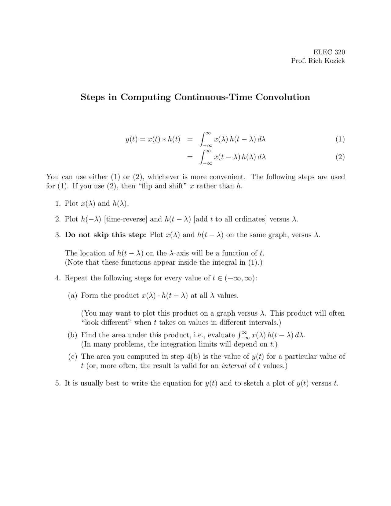 Notes On Steps In Computing Continuous Time Convolution Elec 320
