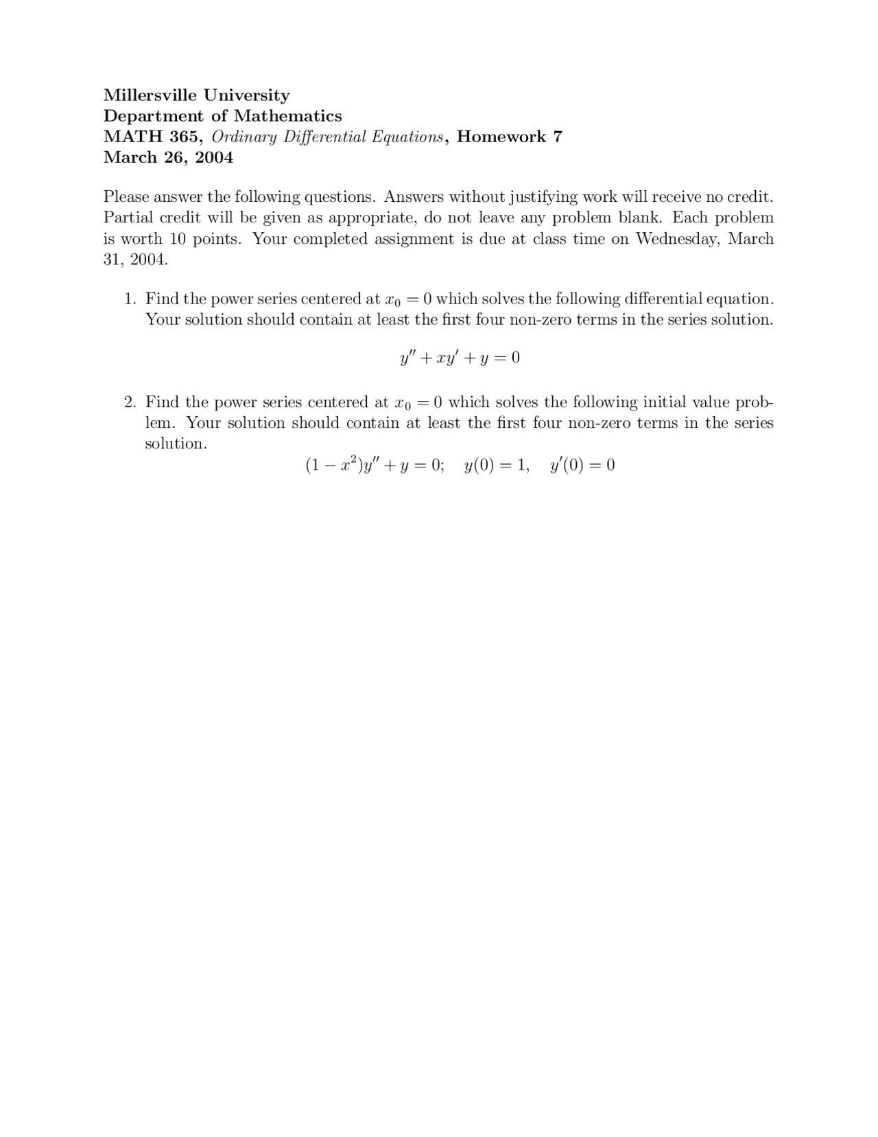 Ordinary Differential Equation Practice Homework 7 Math 365 Docsity
