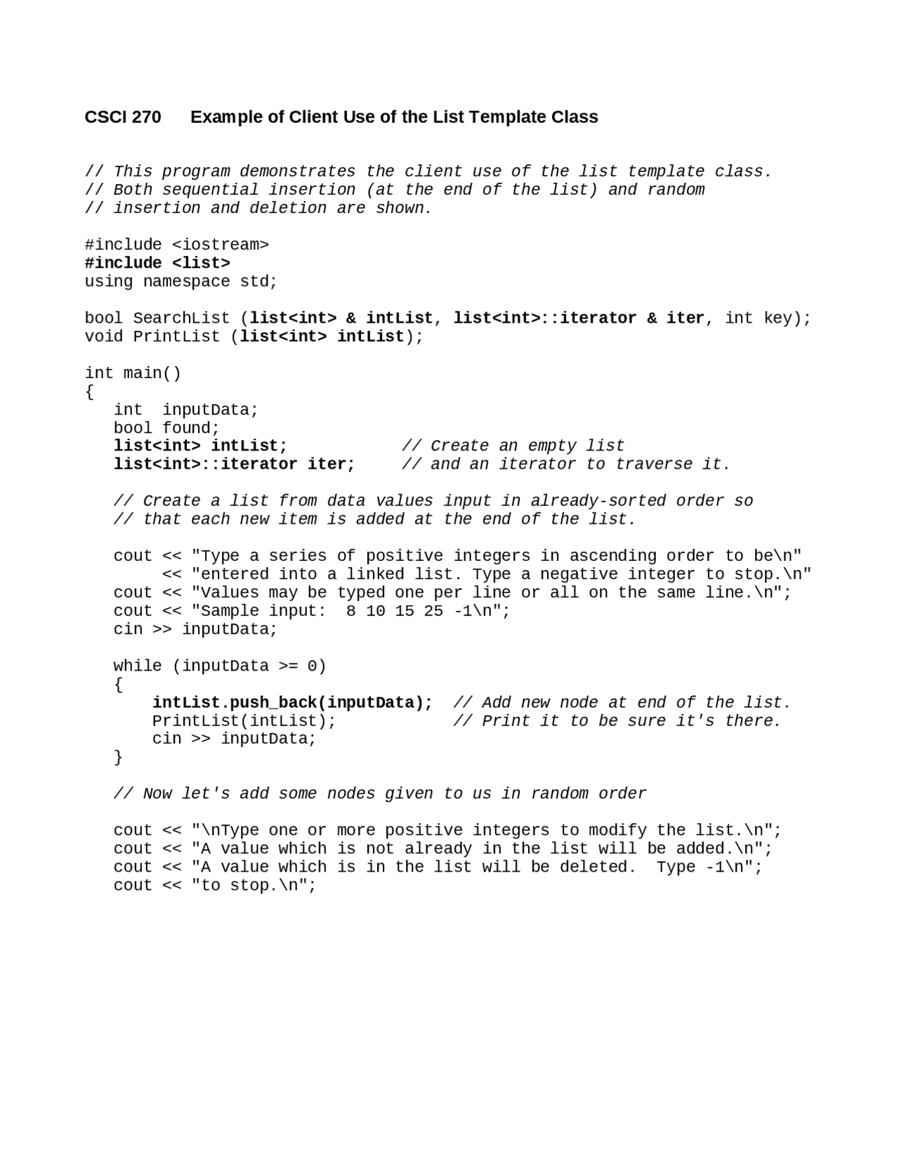 Example Of Client Use Of The List Template Class Data Structures