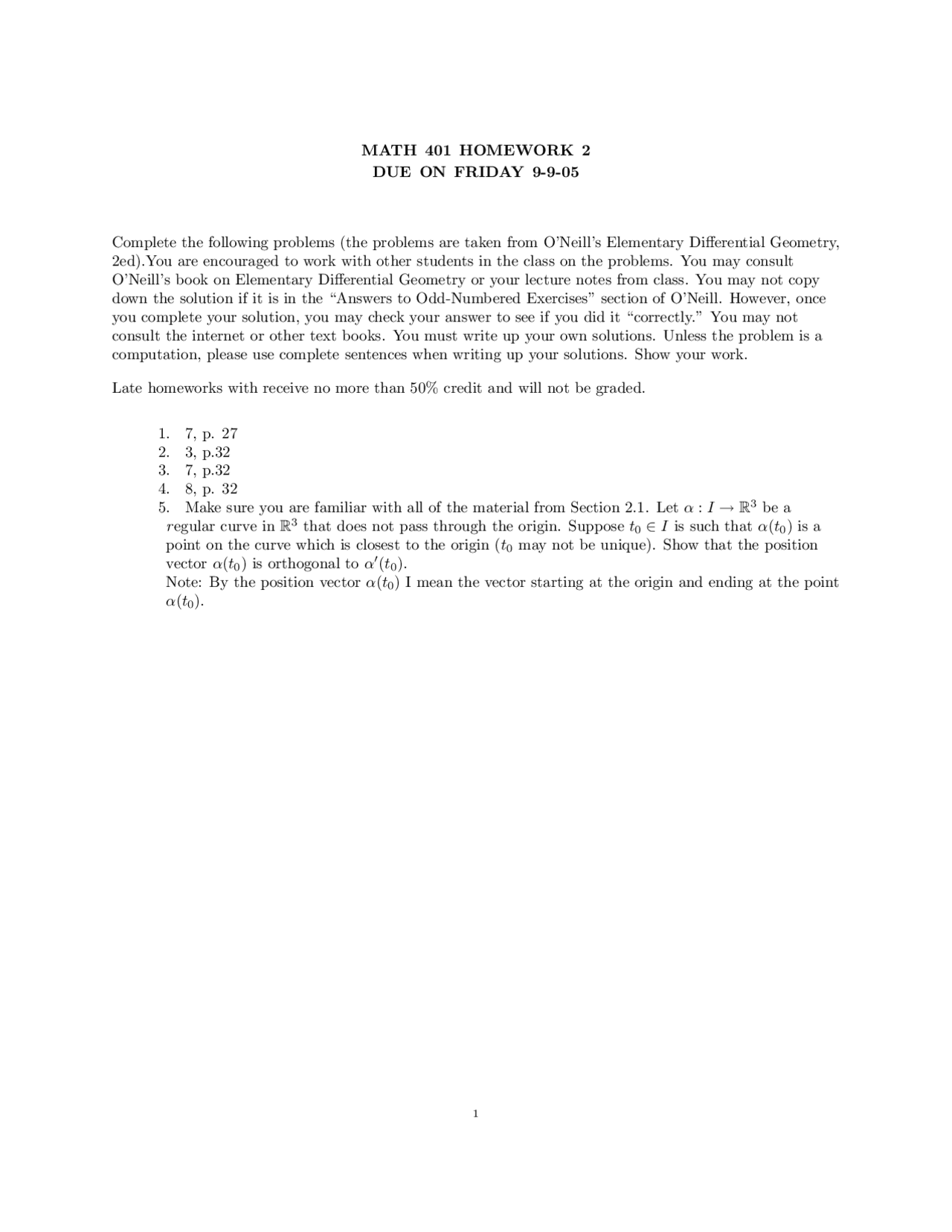 Homework 2 Differential Geometry 2005 Math 401 Docsity