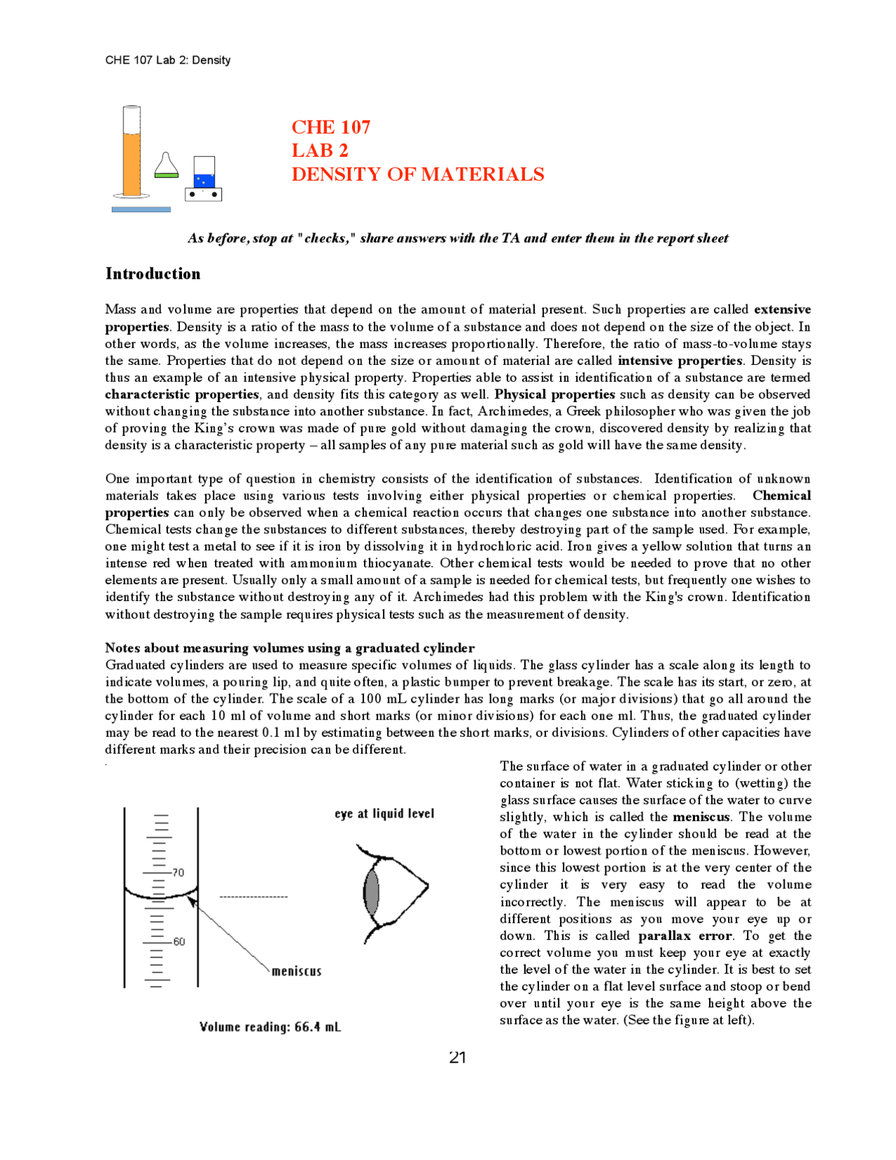 Density of Materials - Laboratory Experiment 2 | CHE 107 - Docsity