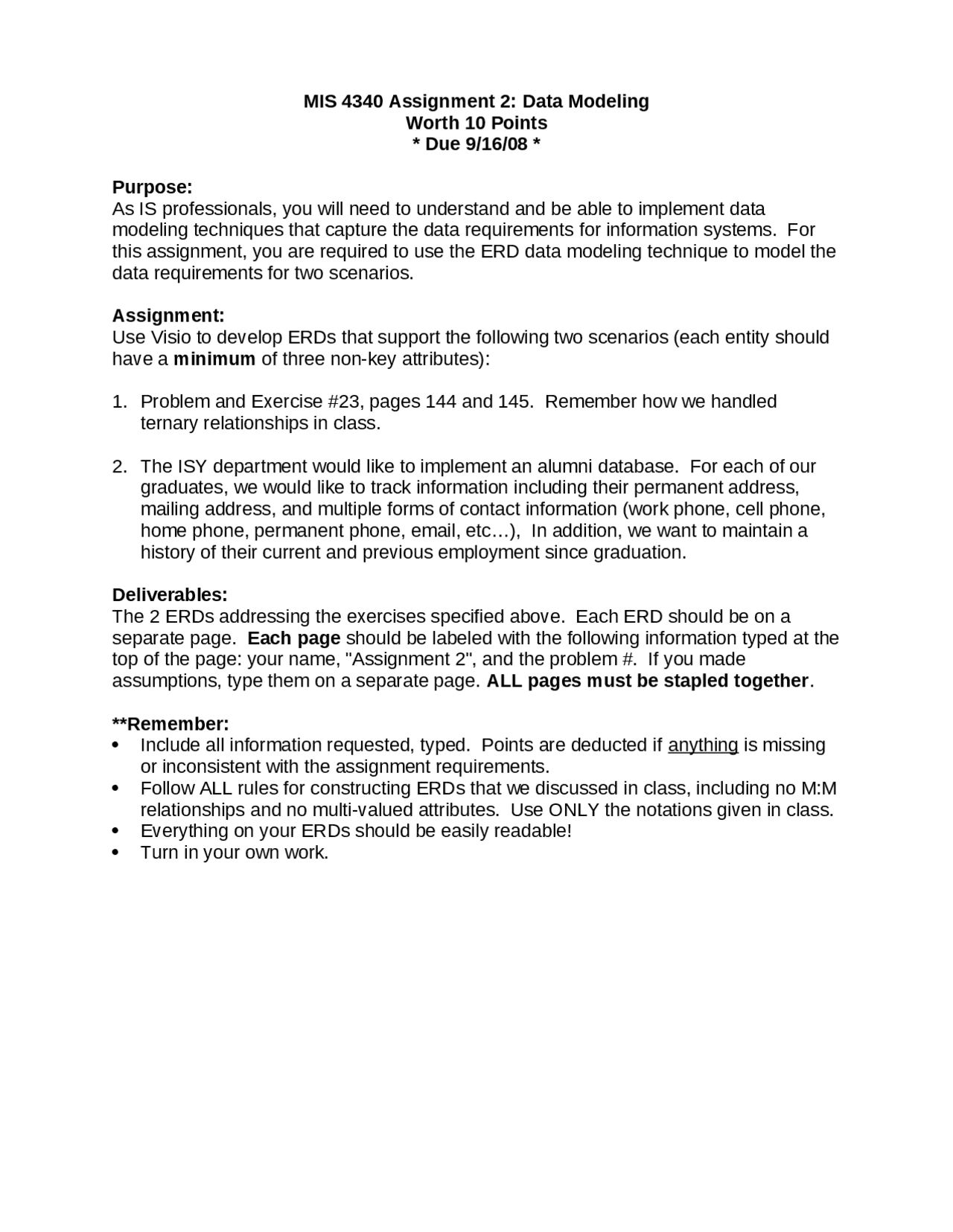 Assignment 2: Data Modeling - Database System Development | MIS 4340 | Assignments Business ...