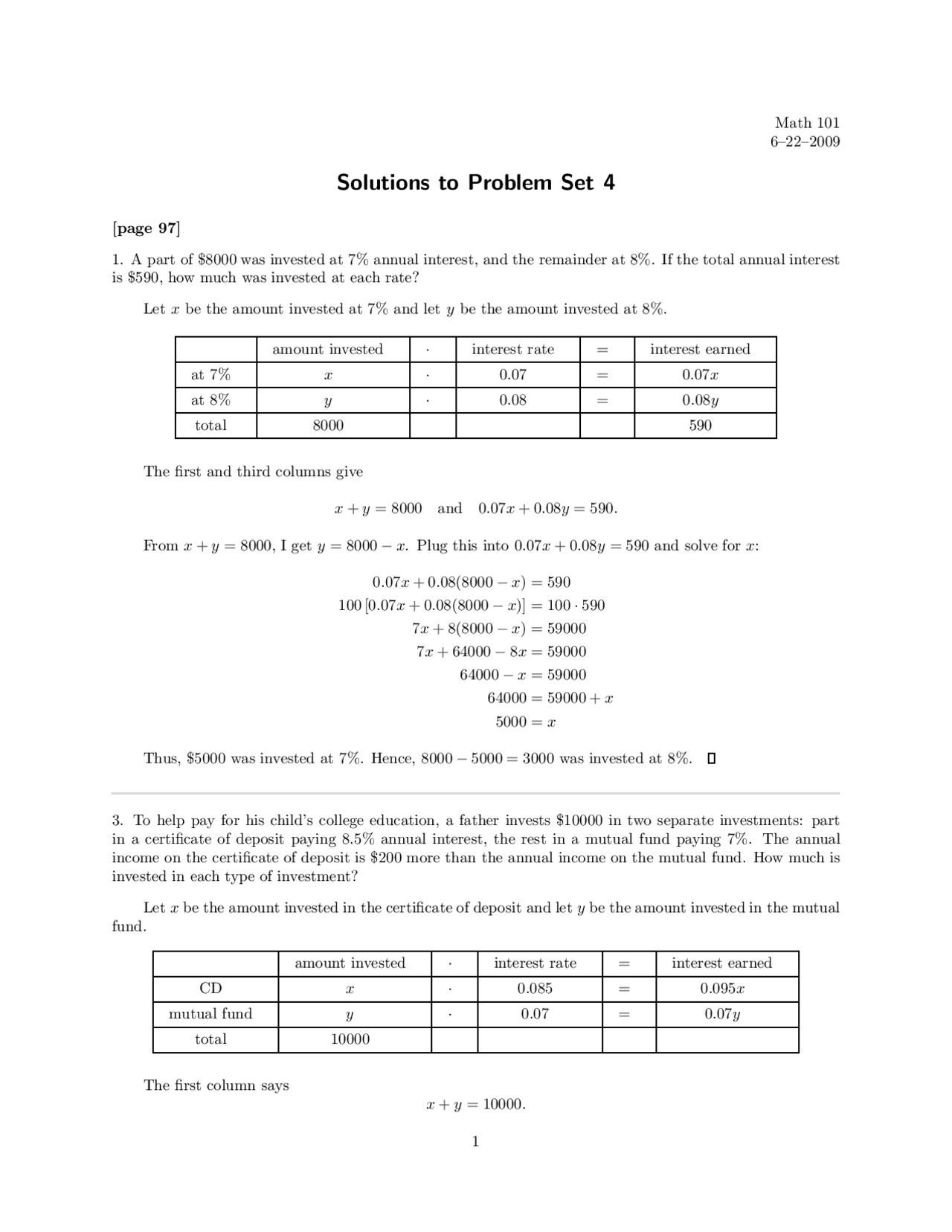 College Algebra - Problem Set 4 Solutions | MATH 101 - Docsity