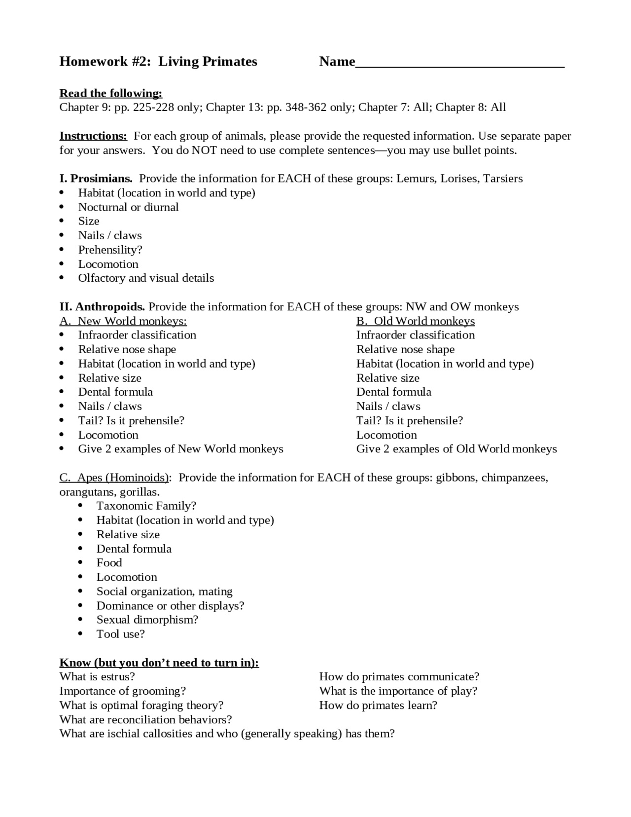 Living Primates Homework 2 - Introduction to Biological Anthropology ...