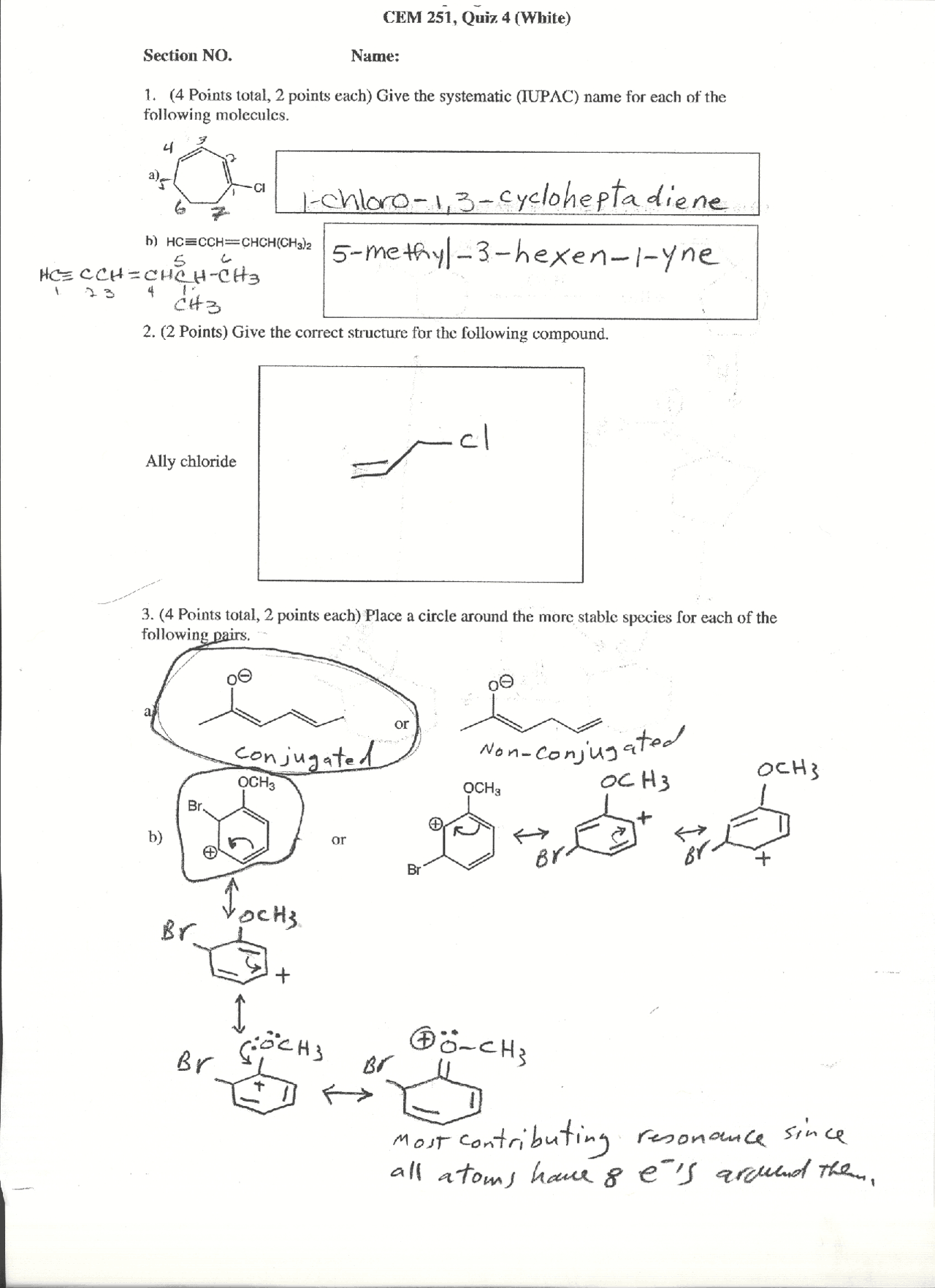 Organic Chemistry I Sample Quiz 4 With Answers Cem 251 Docsity