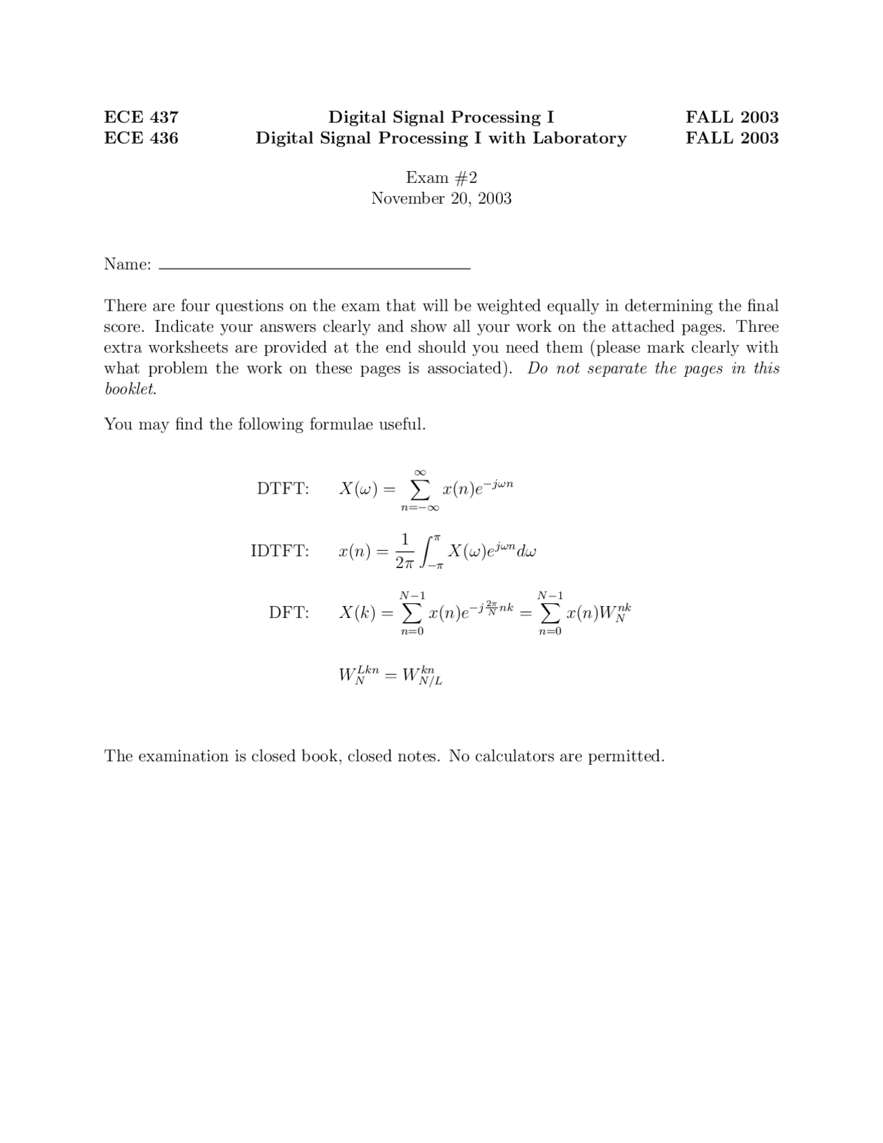 Digital Signal Processing I with Laboratory - Exam #2 | ECE 437 - Docsity