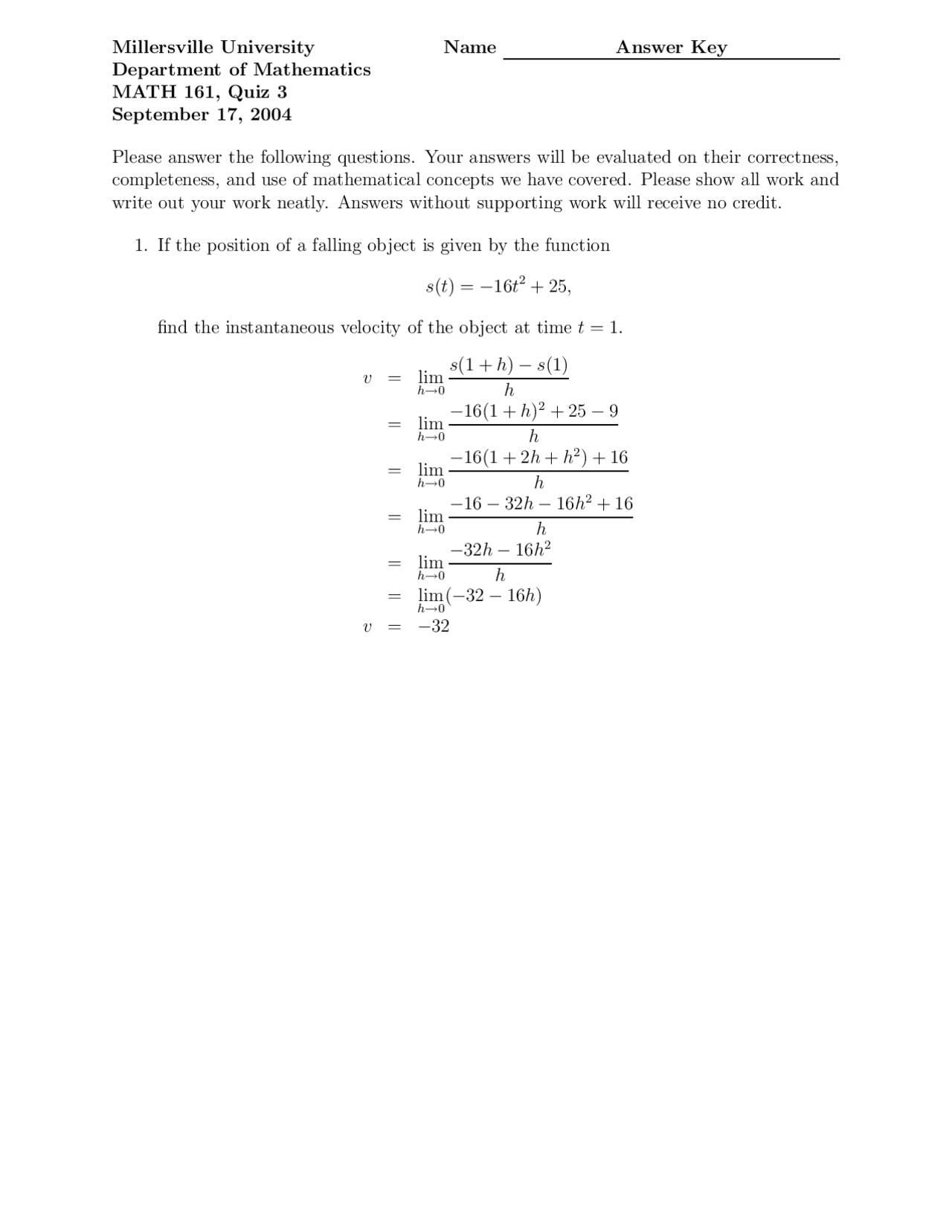 Quiz 3 with Answer Key for Calculus 1 | MATH 161 - Docsity
