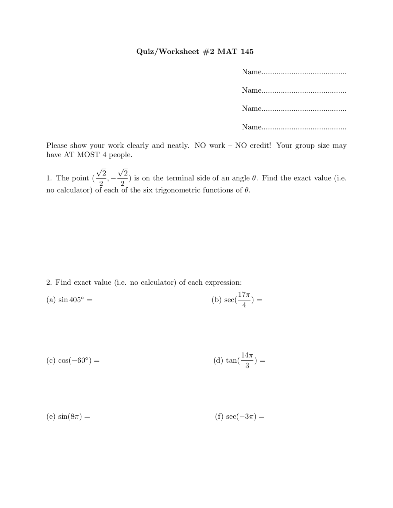 Practice Quiz 2 Trigonometry Mat 145 Docsity