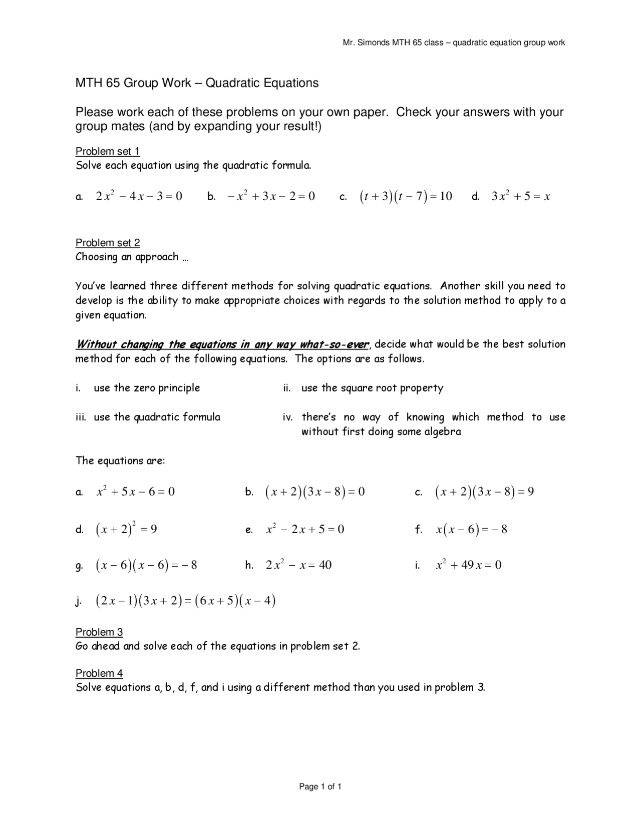Problems on Quadratic Equations - Assignment | MTH 65 - Docsity