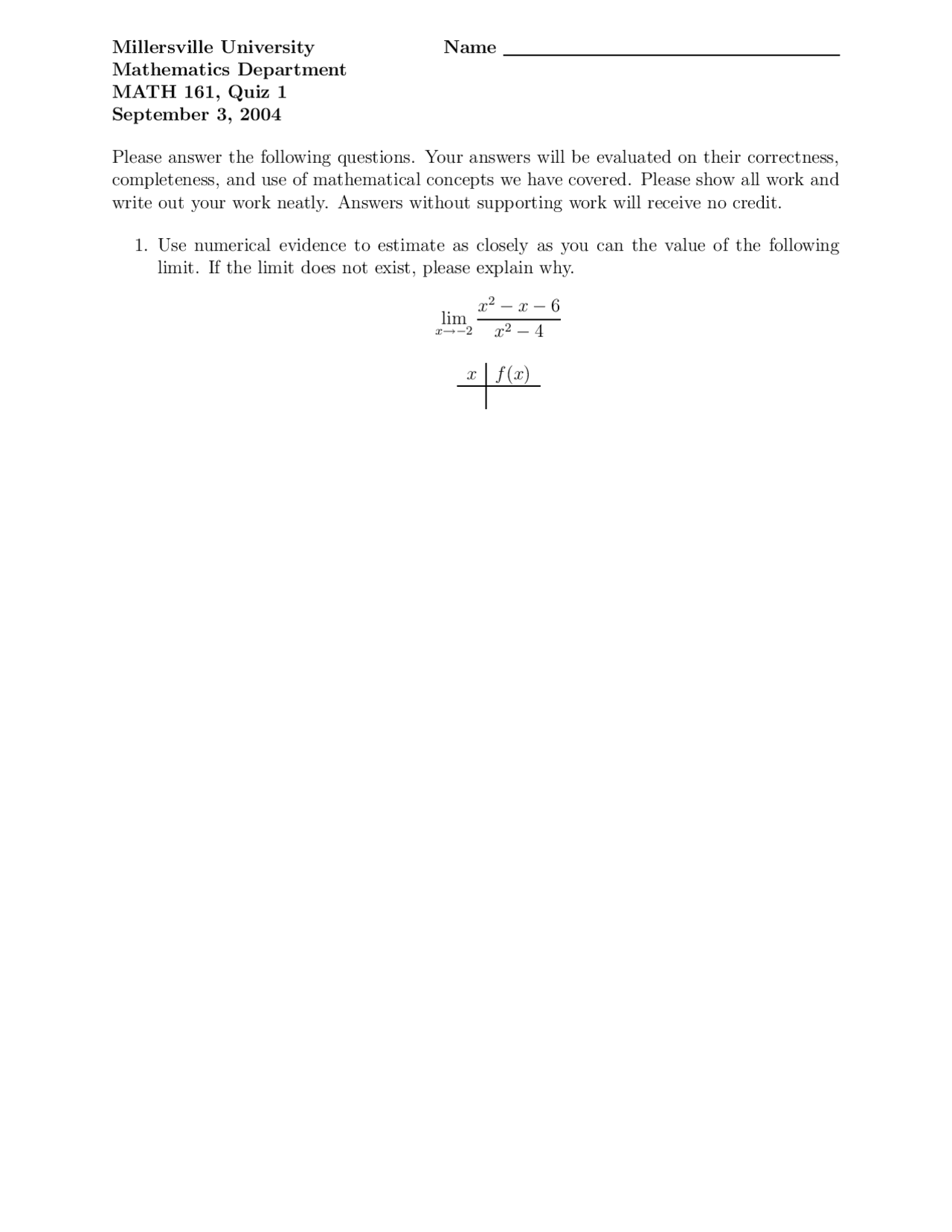 MATH 161 Quiz 1 by Millersville University | Quizzes Calculus | Docsity