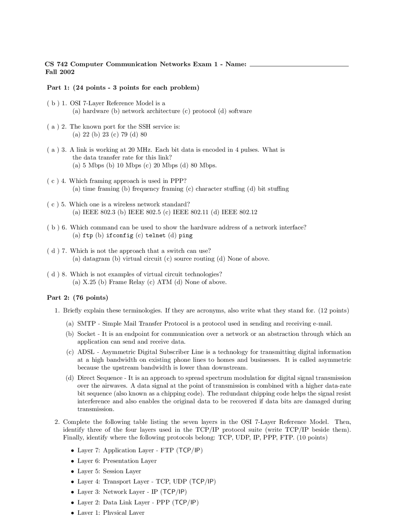 Computer Communication Networks Exam 1 Cs 742 Docsity