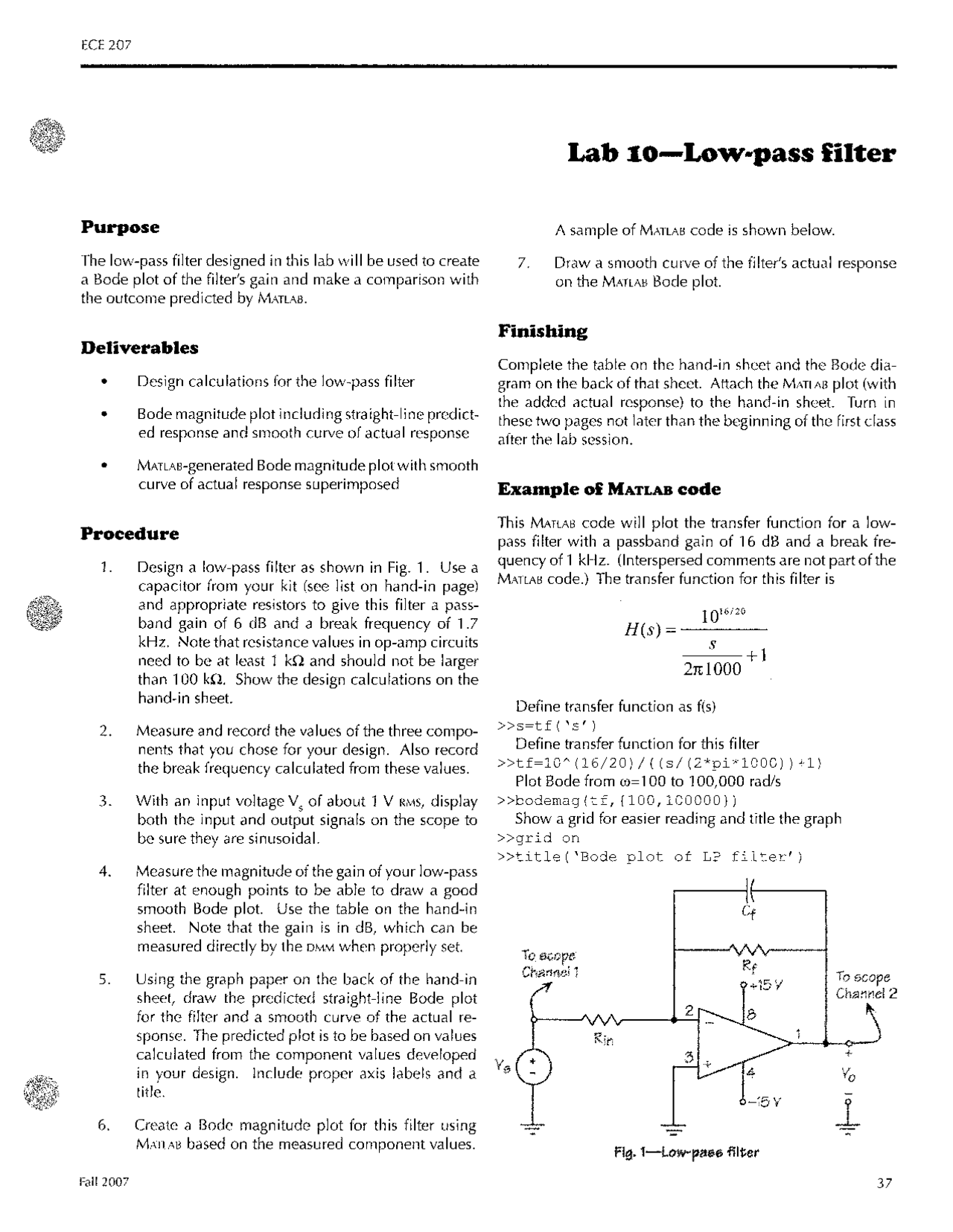 Low Pass Filter Laboratory 10 Ece 207 Docsity