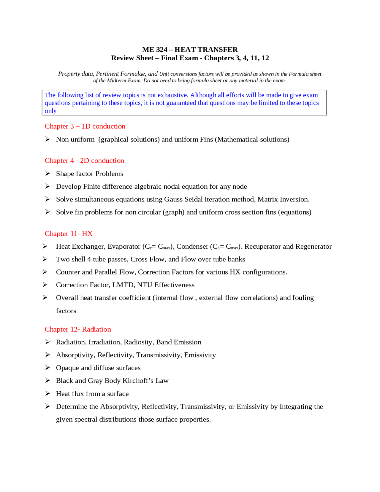 Final Exam For Heat And Mass Transfer Me 324 Docsity