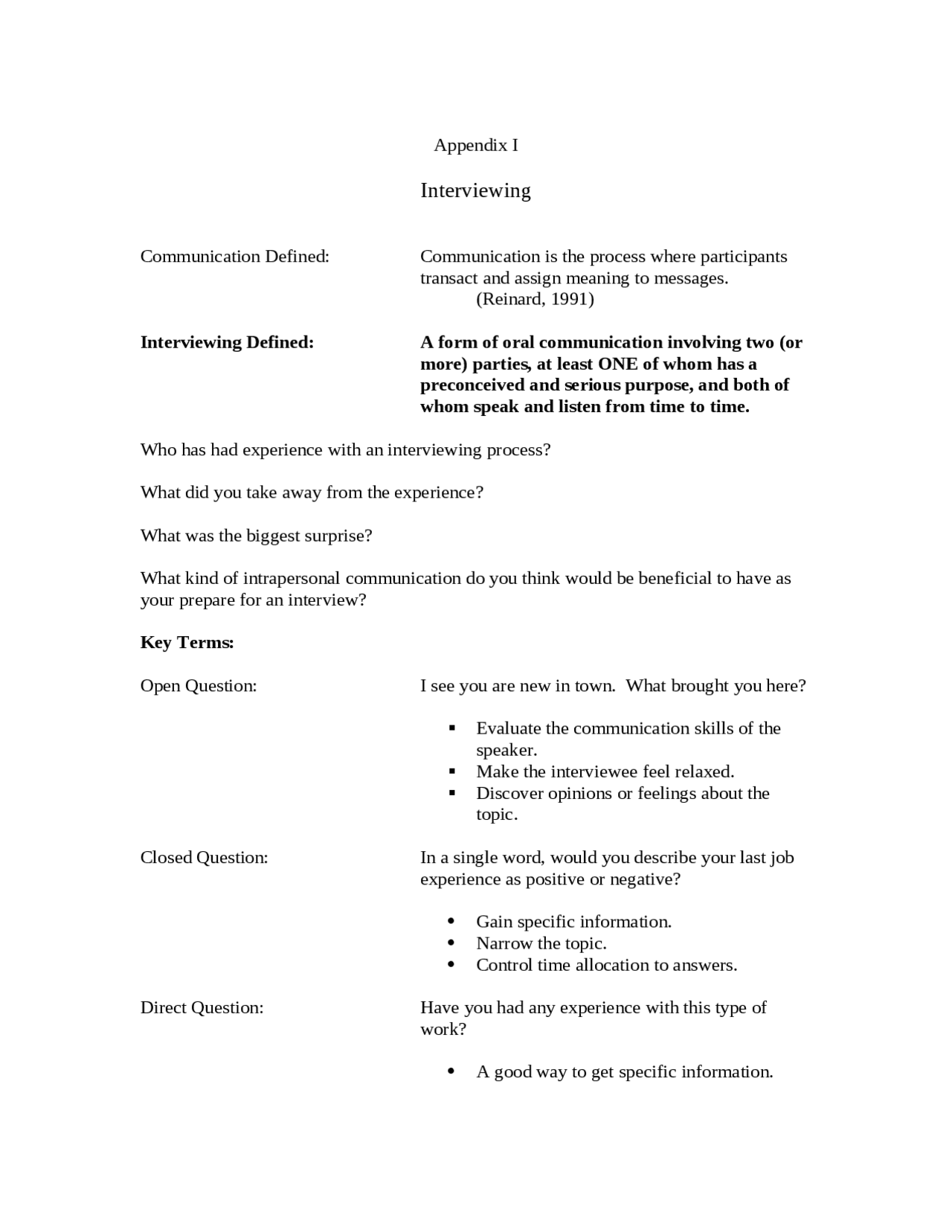 Study Guide for Interviewing - Introduction to Human Communication | HCOM 100 - Docsity