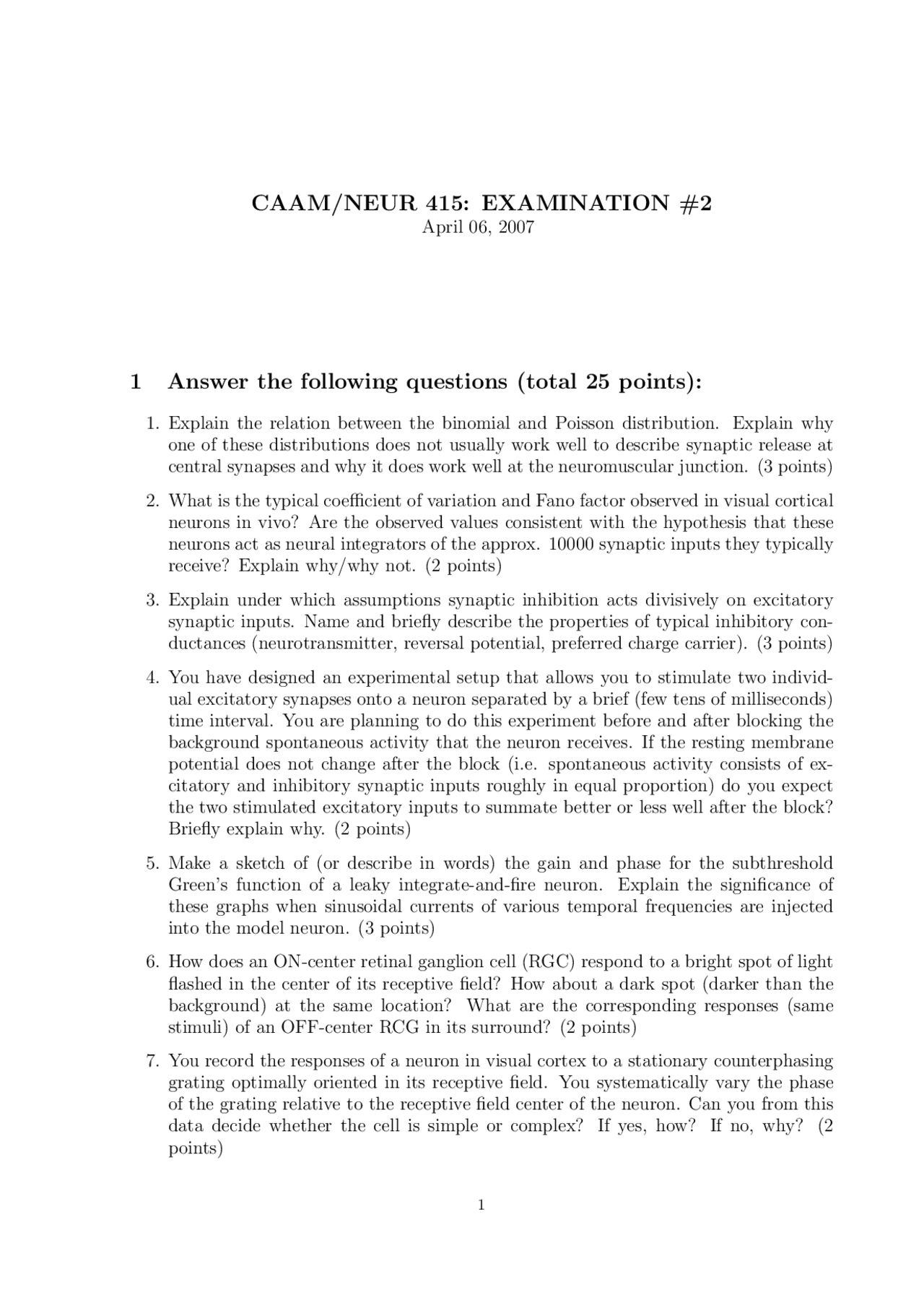Theoretical Neuroscience Examination Ii Questions Neur 415 Docsity 