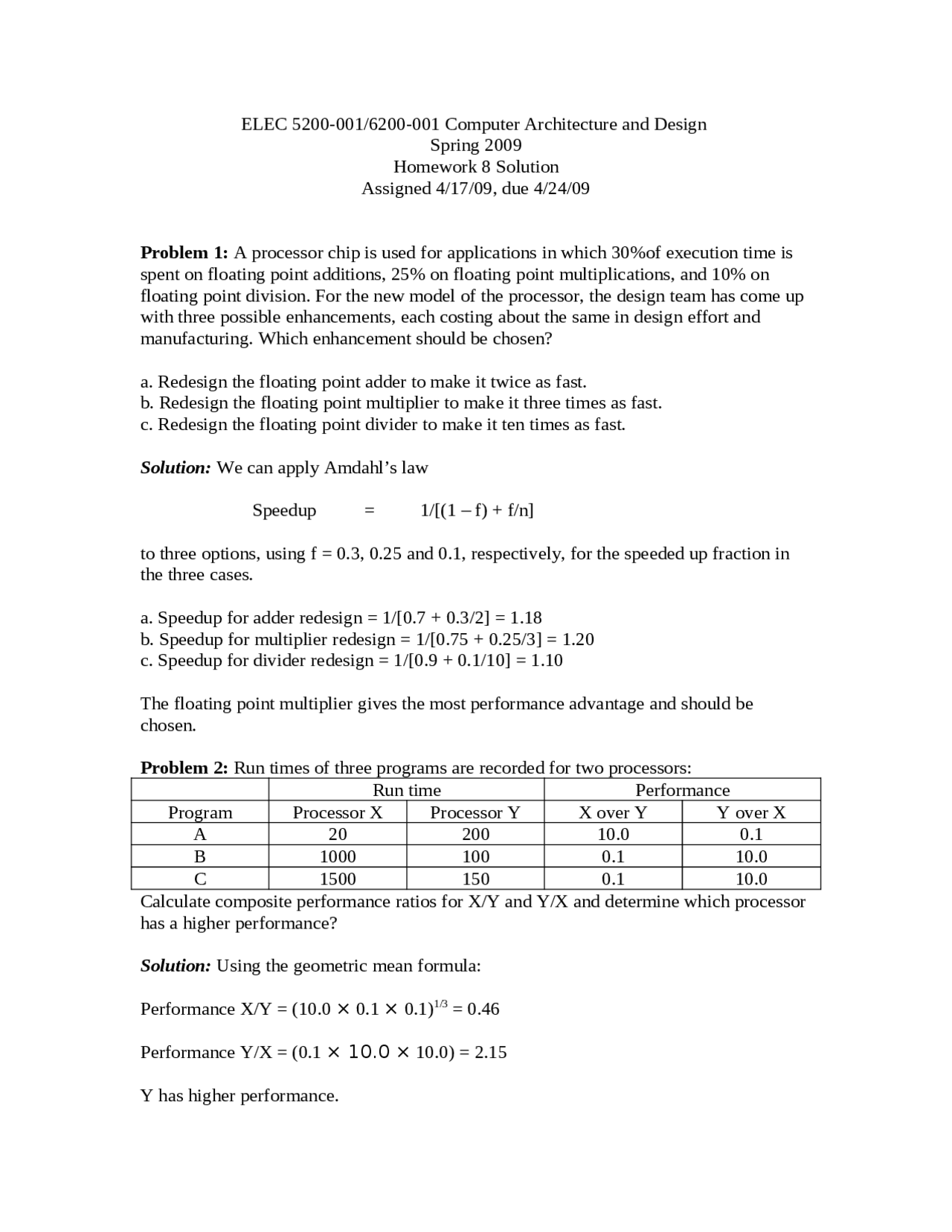 Computer Architecture And Design Homework 8 Solutions Elec 5200 Docsity