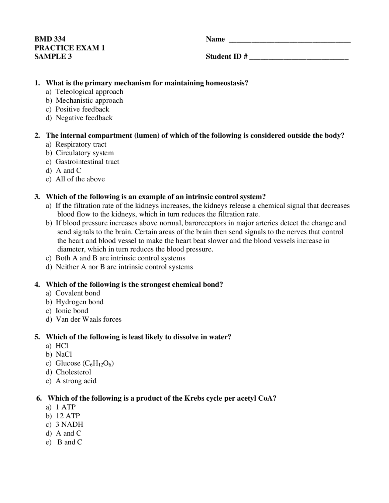 Practice Questions For Exam 1 Human Physiology I Bmd 334 Docsity