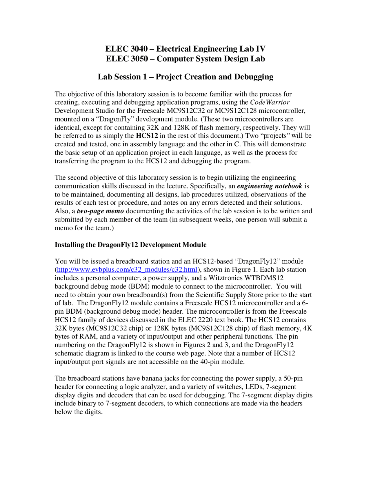 Lab 1 - Project Creation and Debugging | ELEC 3040 - Docsity