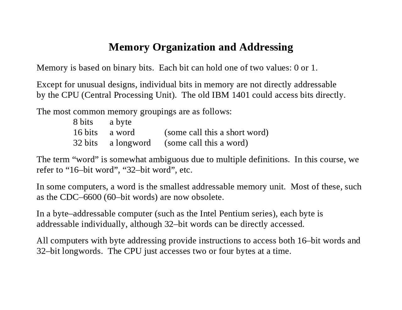 Memory Organization And Addressing Lecture Notes Cpsc 2105 Docsity
