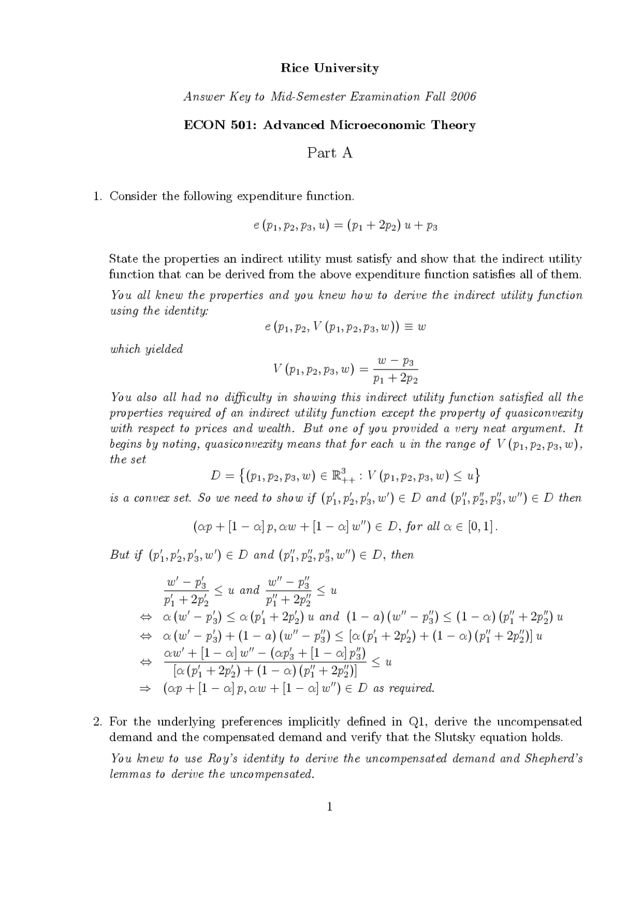 Answers Key Midterm Exam Microeconomics Theory Econ 501 Docsity